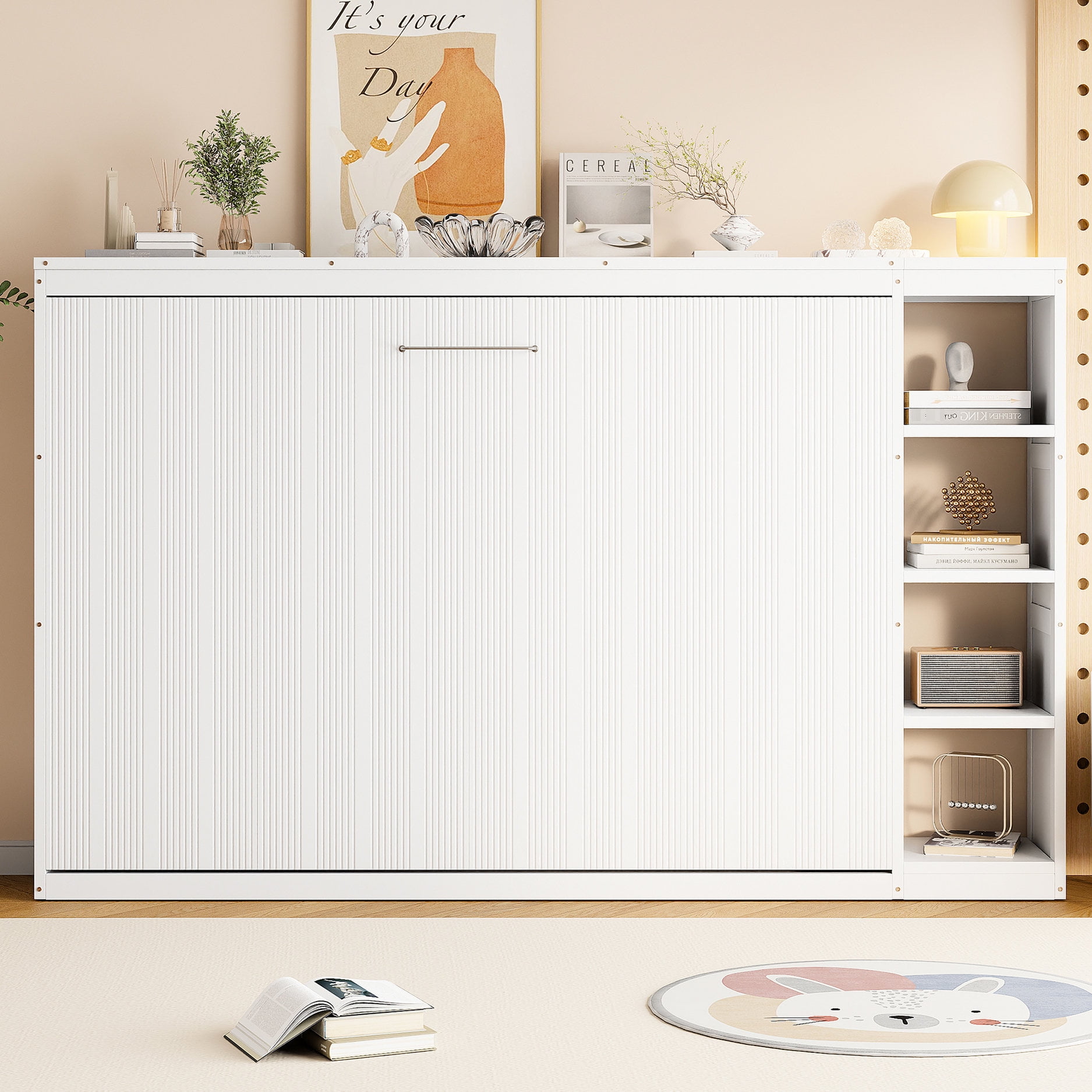 Full - Size White Murphy Bed / Open Storage Racks for Bedroom Tidiness ...