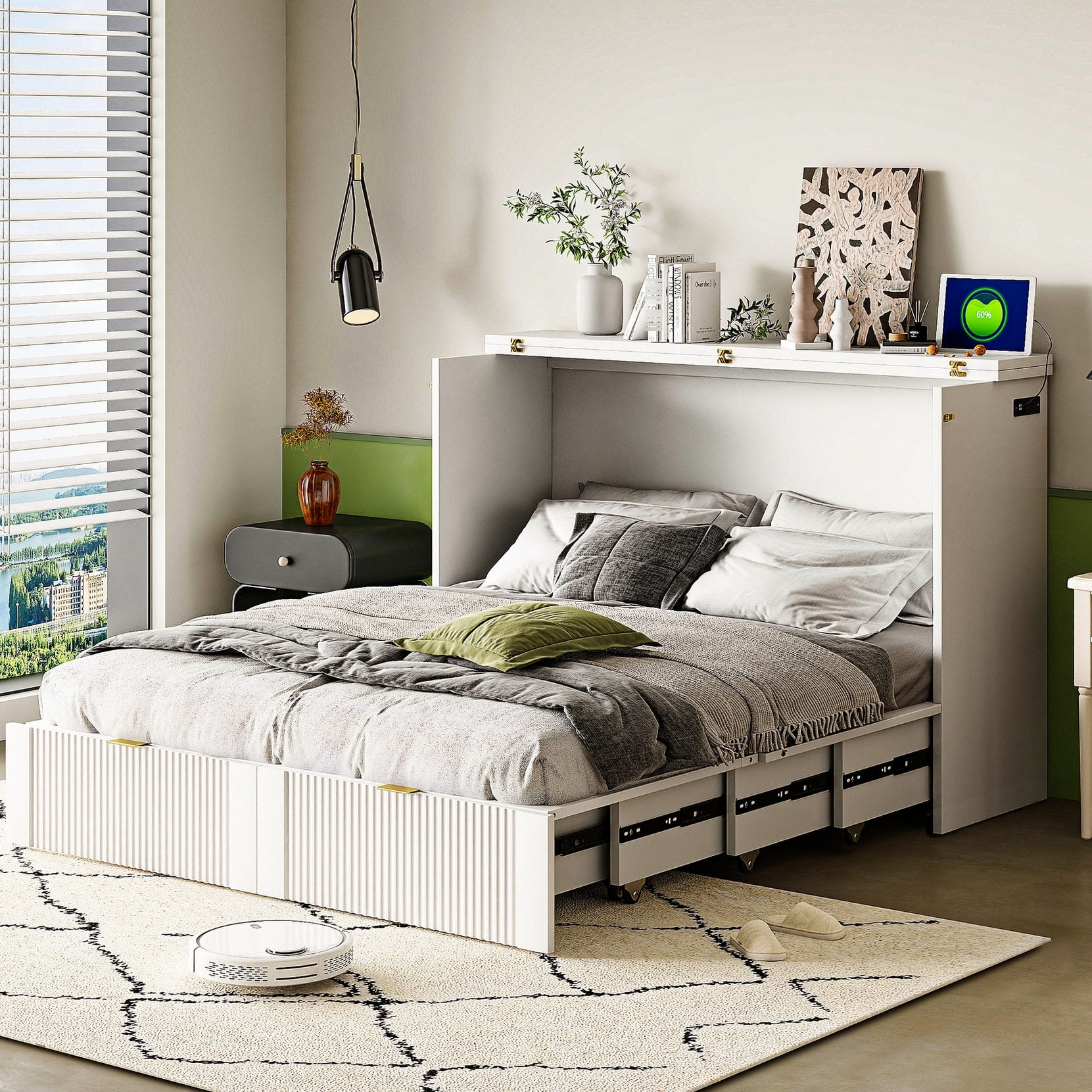 Full Size White Murphy Bed with Drawer and Sockets/USB Ports | Space ...