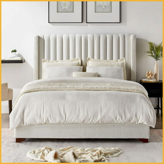 Full Size White Upholstered Platform Bed Frame with Corduroy Headboard ...
