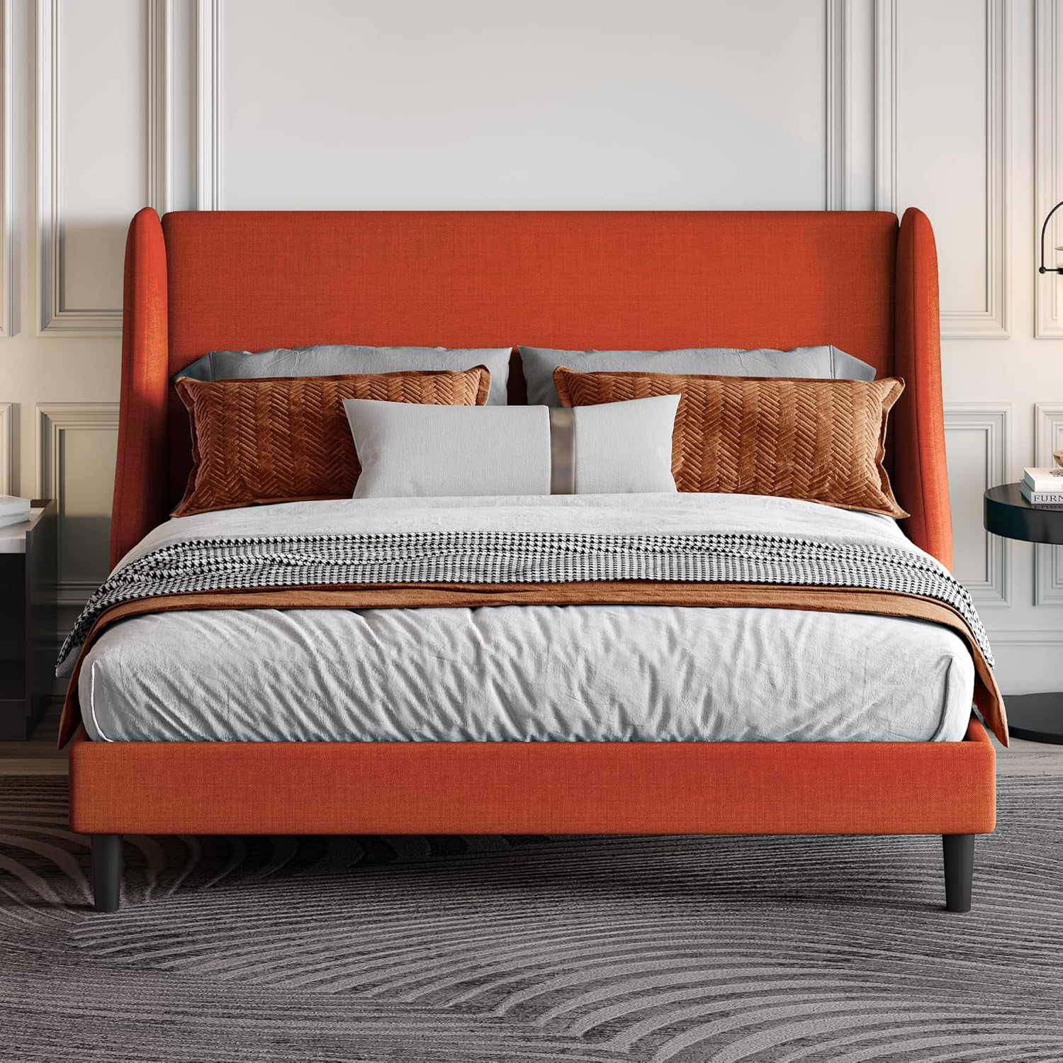 Full Size Wingback Upholstered Platform Bed Frame, No Box Spring Need ...