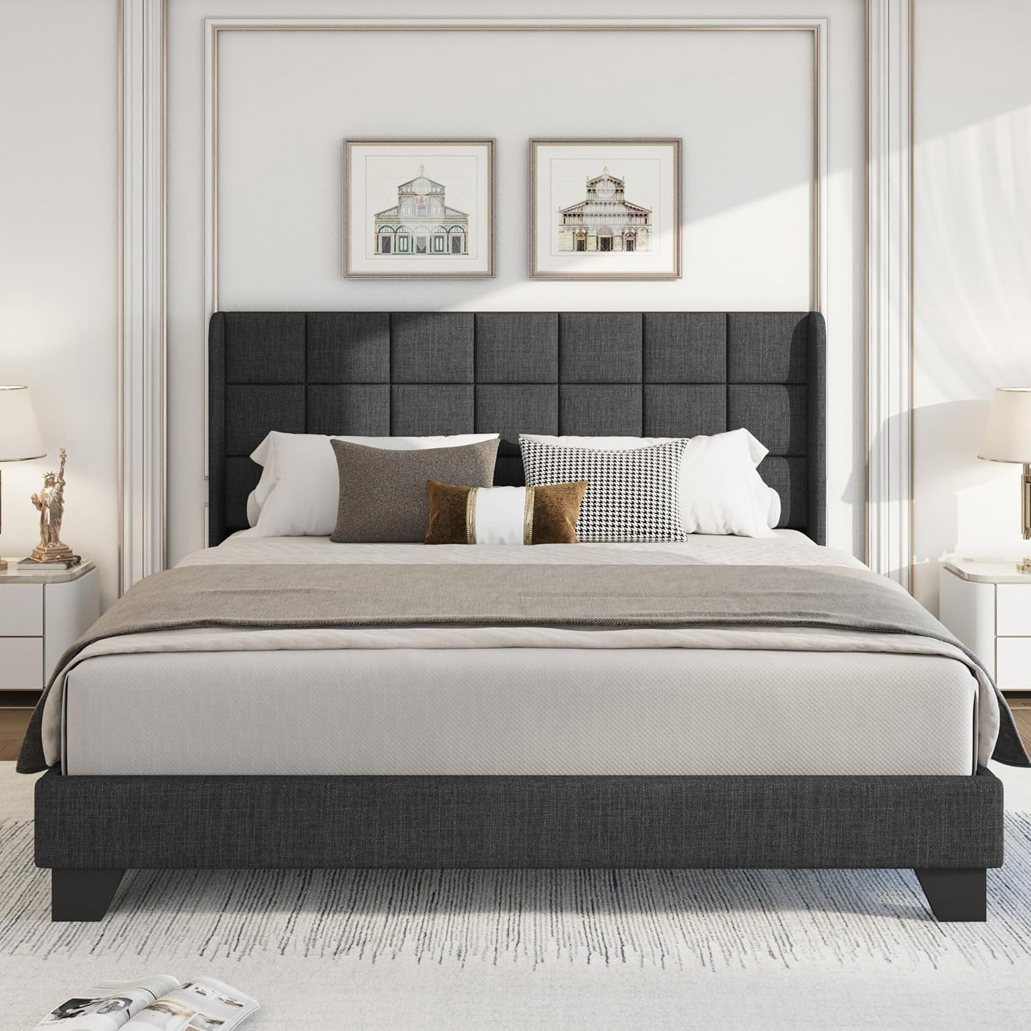 Full Size Wingback Upholstered Platform Bed Frame with Box-Tufted ...