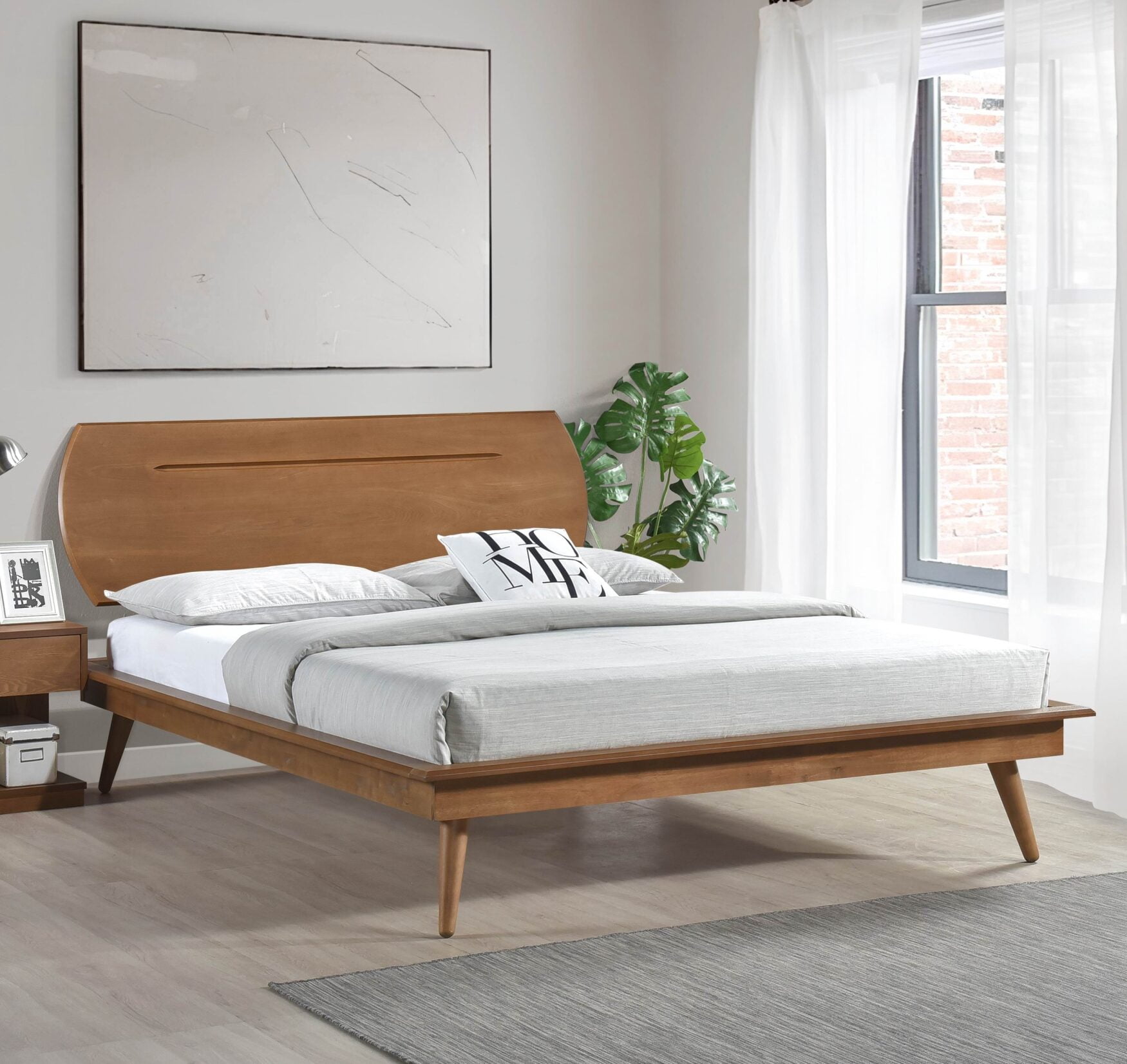 Full Size Wood Bed Frame, Platform Bed Frame with Oval Headboard and ...