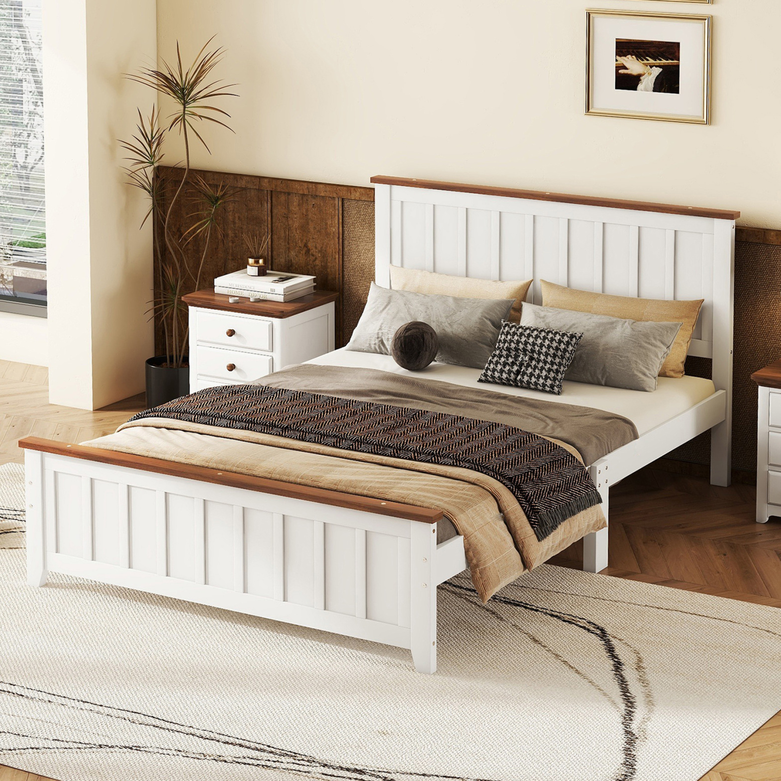 Full Size Wood Bed Frame,Vintage Simple Bed Frame with Headboard and ...