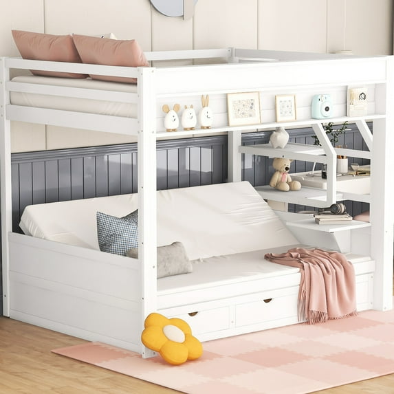 Full Size Wood Bunk Bed in White - Convertible, Storage Staircase ...