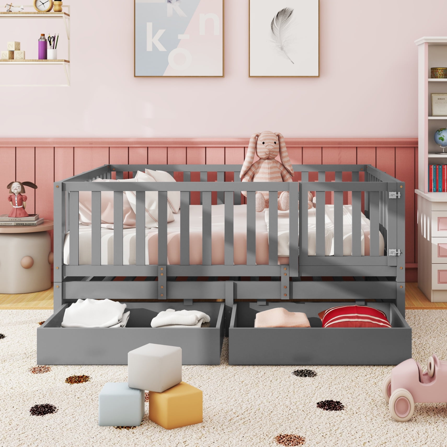 Full Size Wood Daybed with Guardrails and 2 Drawers, Can Split into ... Full Size Wood Daybed with Guardrails and 2 Drawers, Can Split into ...