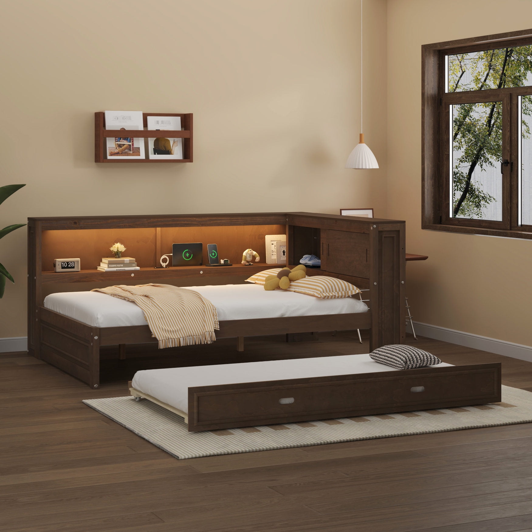 Full Size Wood Daybed with LED / Including Storage, USB, Trundle, and ...