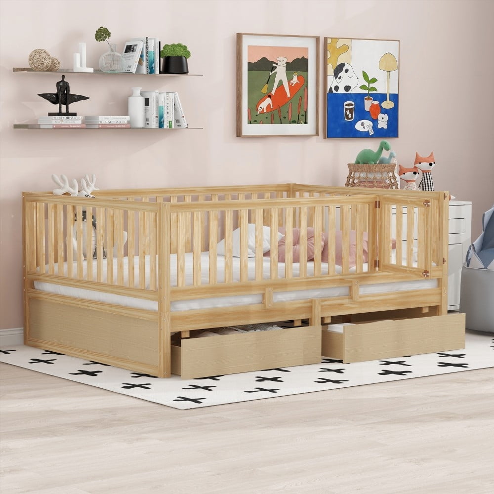 Full Size Wood Daybed with Safety Fence & Drawers|Split into 2 Beds ...