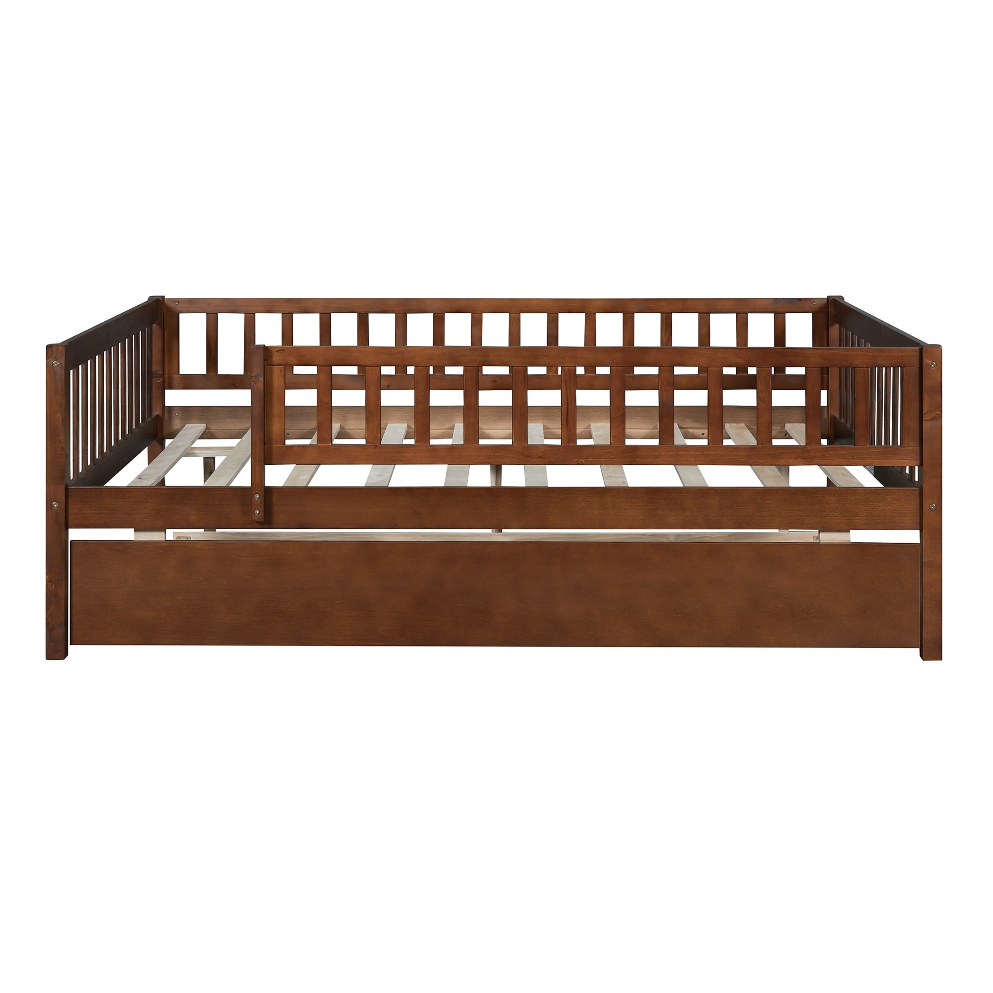 Full Size Wood Daybed with Trundle and Fence Guardrails Walnut ...