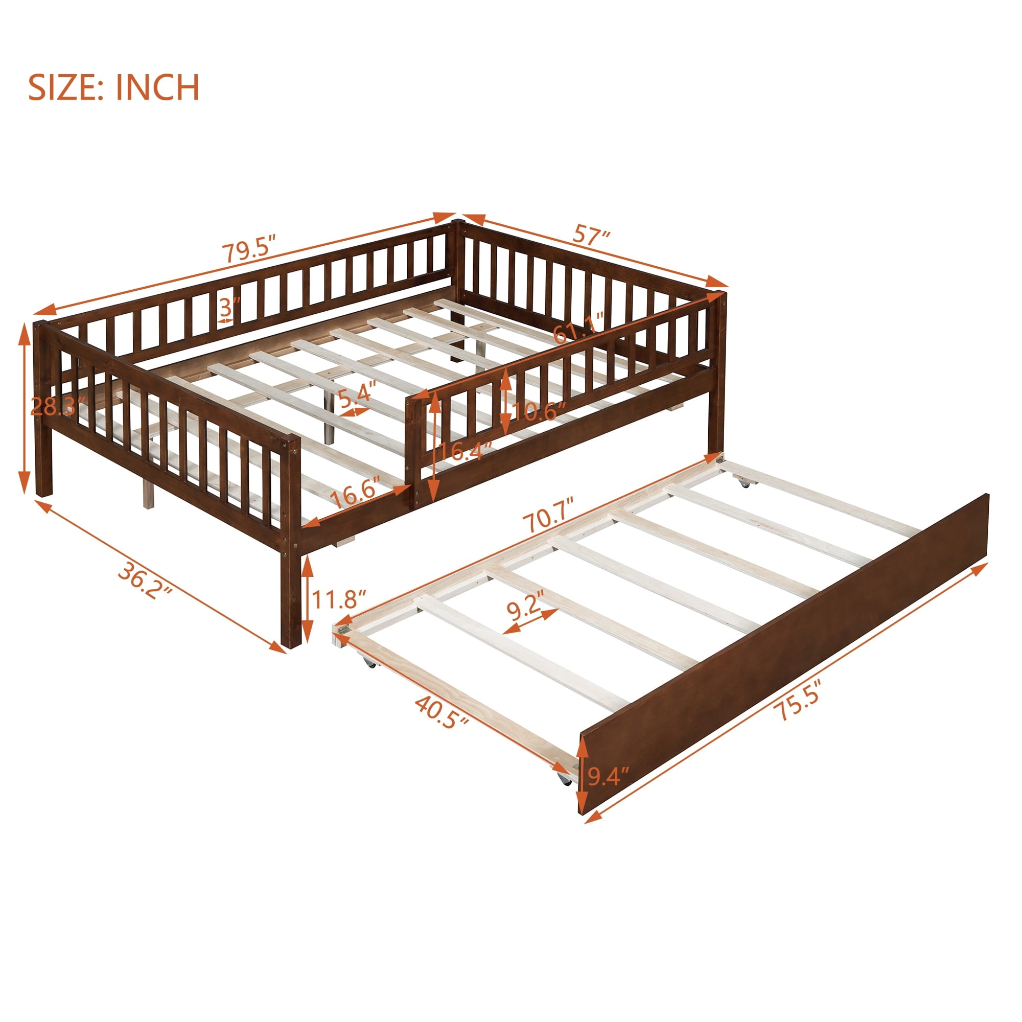 Full Size Wood Daybed with Trundle and Safety Rails Walnut - Full ...