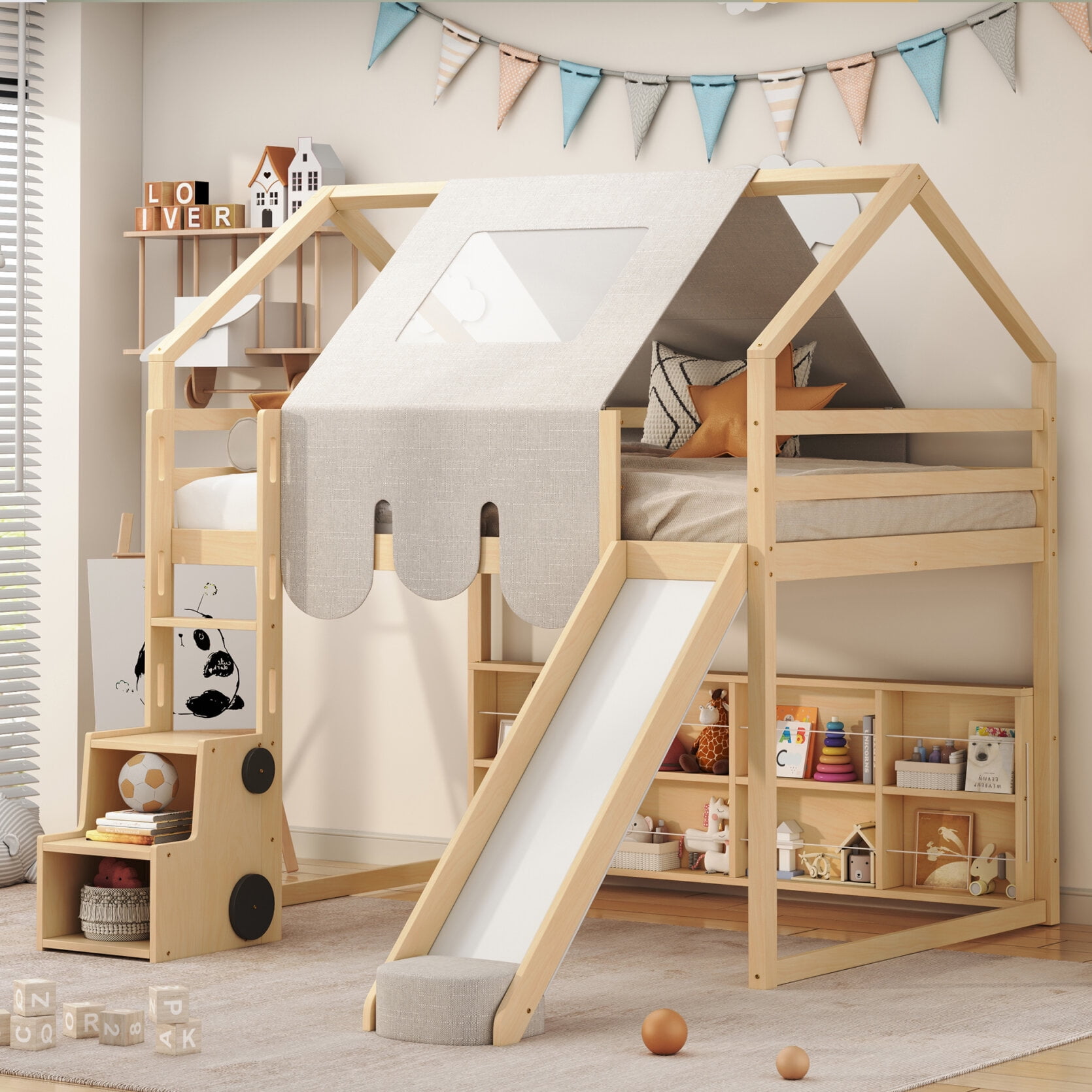 Full Size Wood House Loft Bed, House-Shaped Frame with a Tent, Slide ...