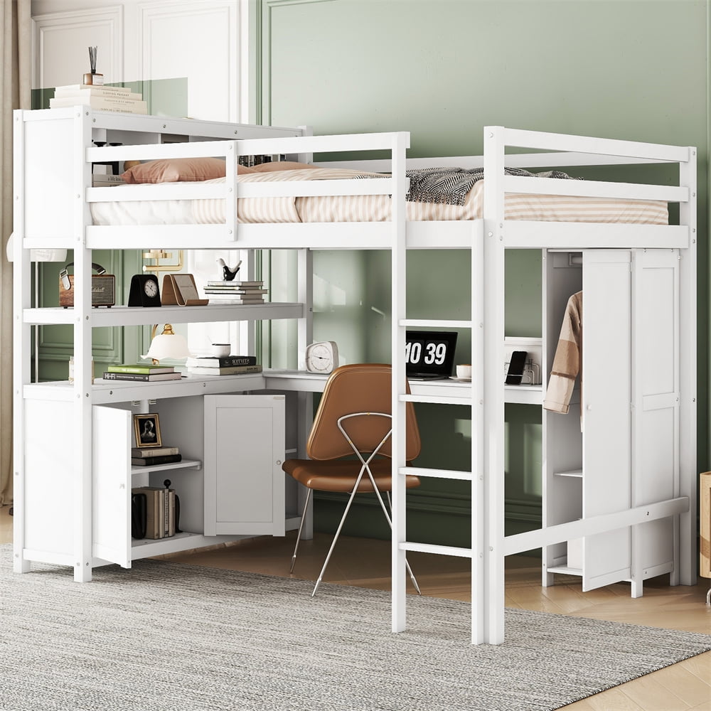 Full Size Wood Loft Bed with L-Shaped Desk and Wardrobe, Loft Bed Frame ...
