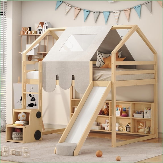 Full Size Wood Loft Bed with House Frame, Tent & Slide - Natural+Beige ...