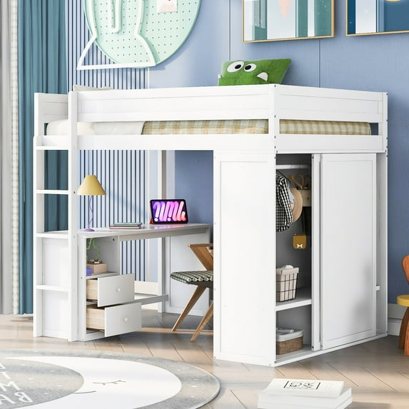 Full Size Wood Loft Bed with Storage - White, Includes Wardrobes and ...