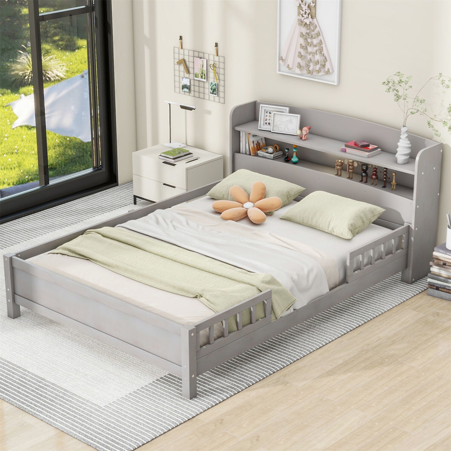 Full Size Wood Low Platform Bed with LED Light Headboard Storage ...