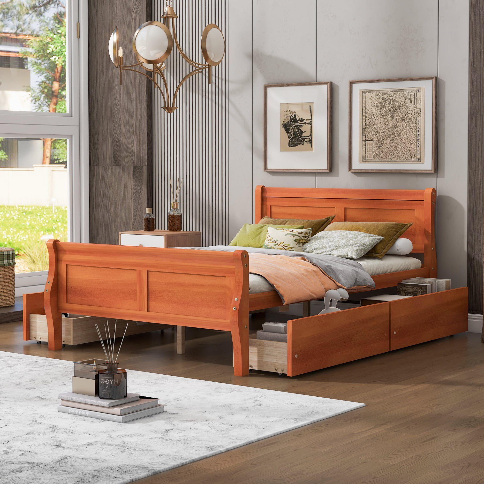 Full Size Wood Platform Bed with 4 Drawers,Storage Bed Frame with Streamlined Headboard and ...