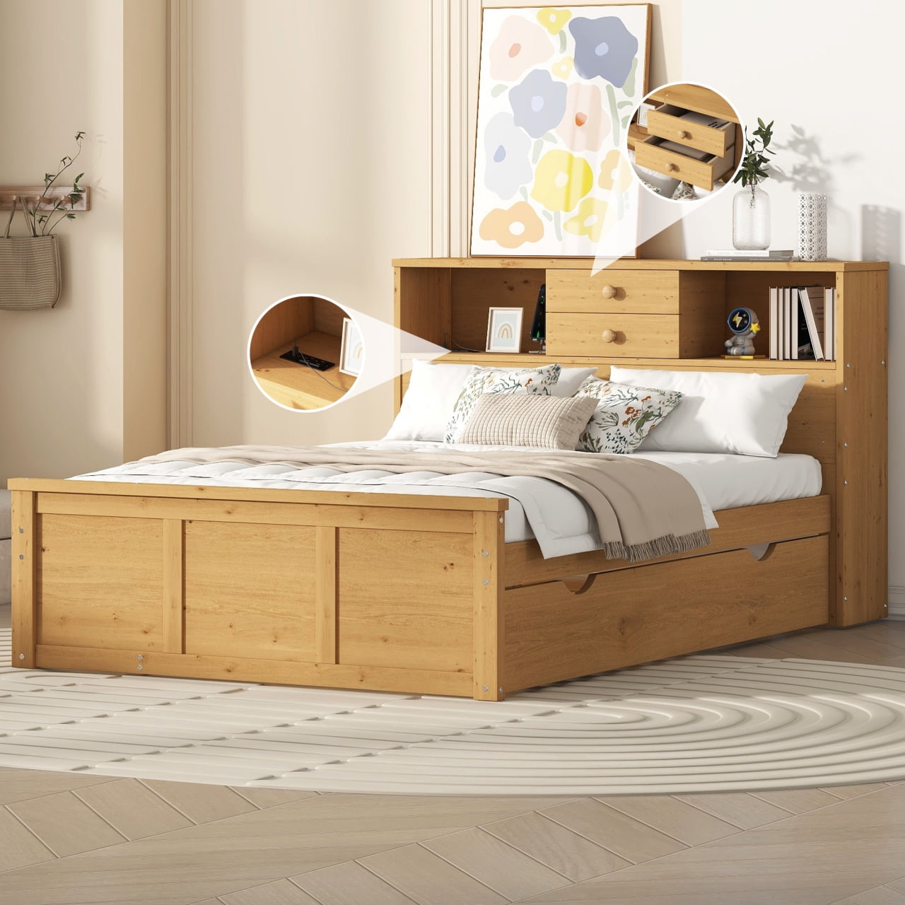 Full Size Wood Pltaform Bed with Trundle,Storage Upholstered Bed with 3 ...