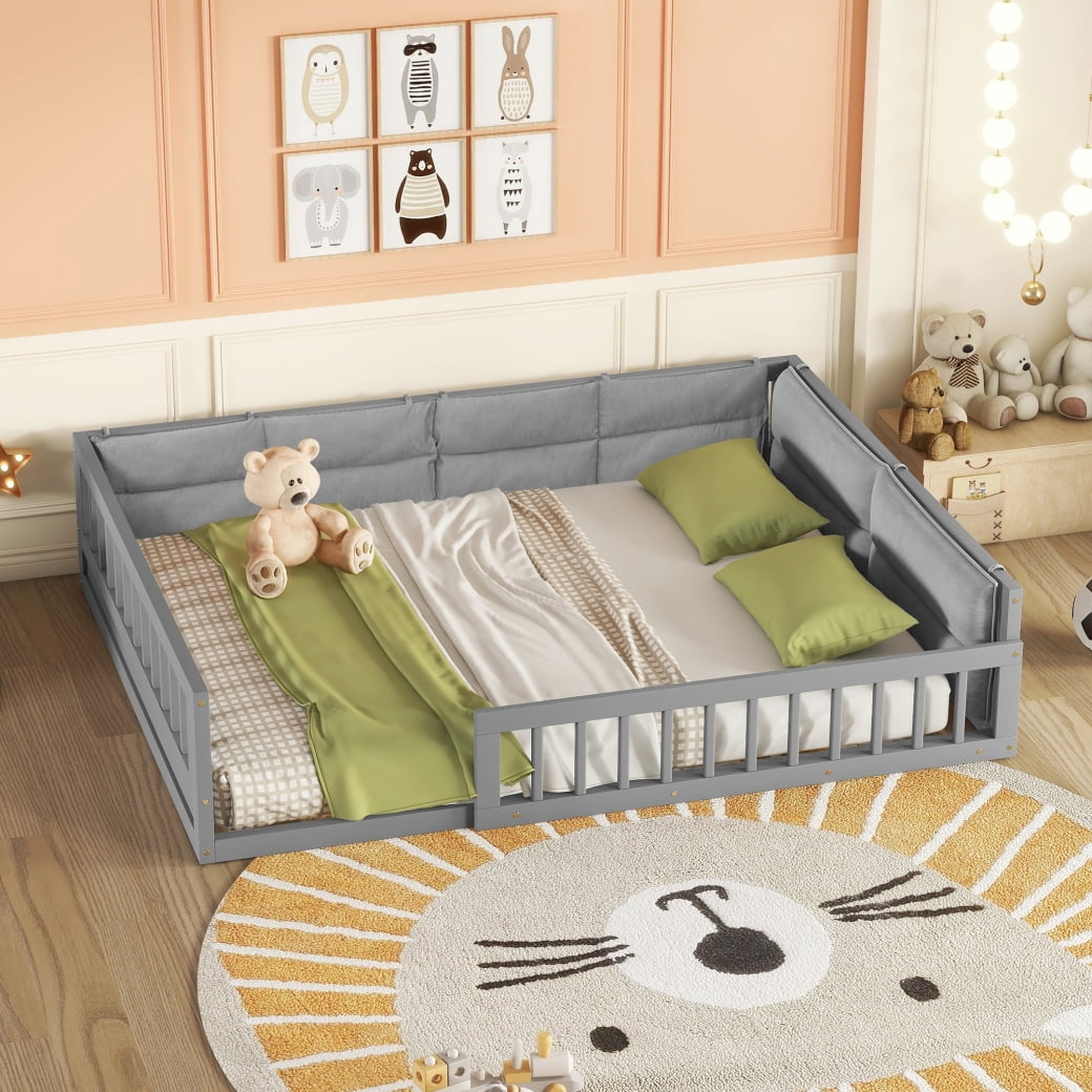 Full Size Wood Upholstered Platform Bed Frame with Detachable Soft Pads ...