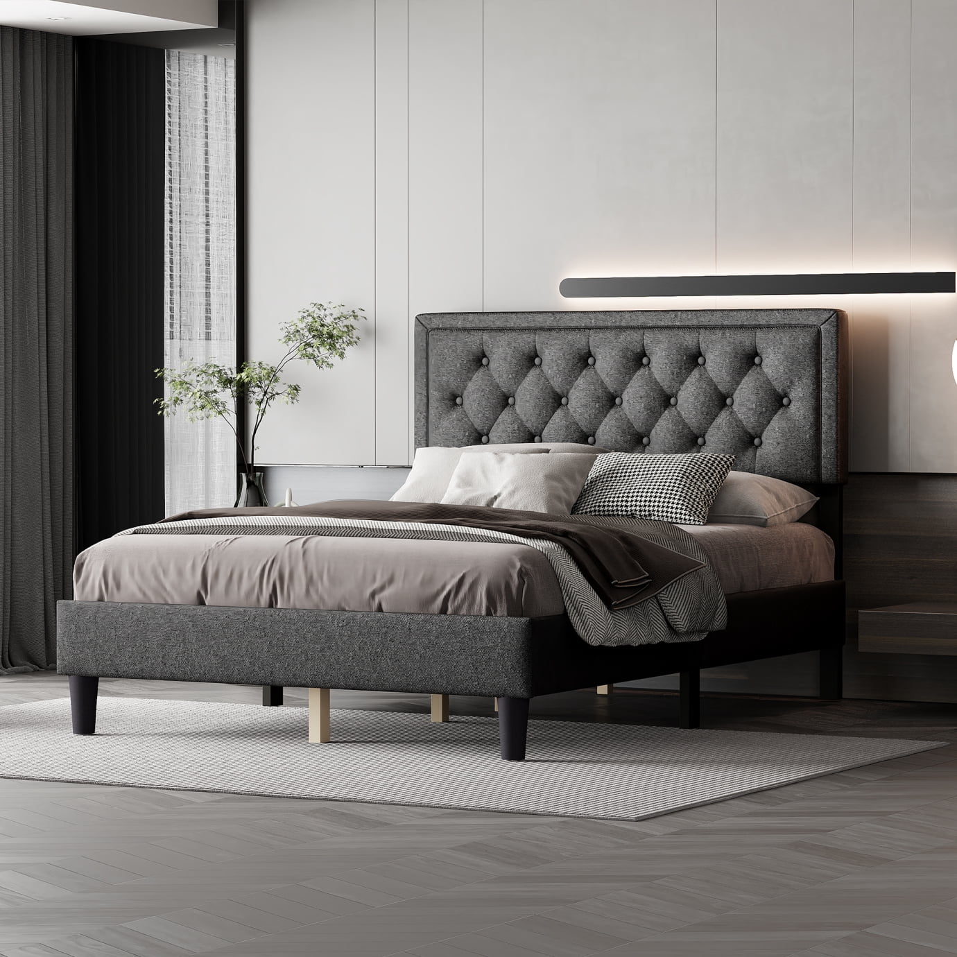Full Size Wooden Bed Frame with Button Tufted Wingback Headboard ...
