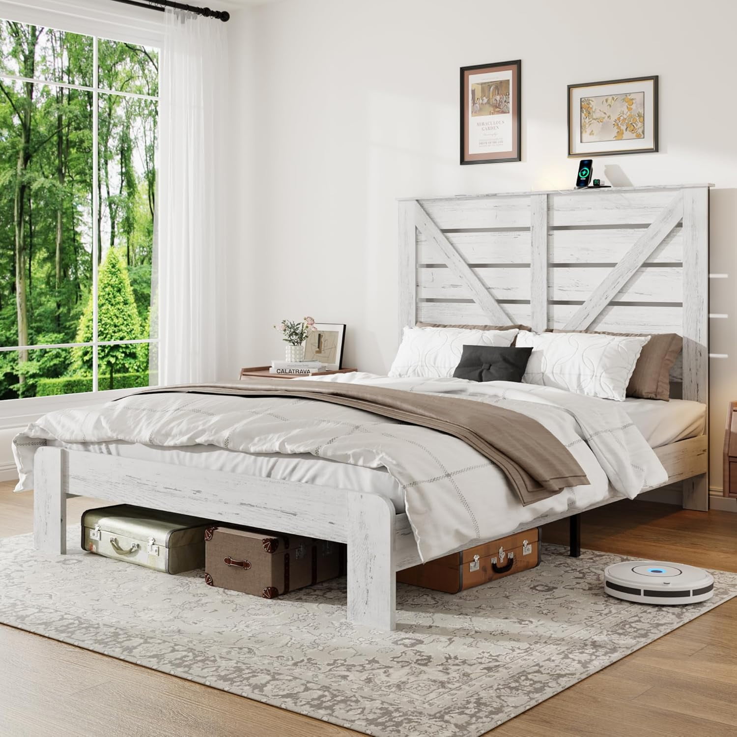 Full Size Wooden Bed Frame with Headboard Rustic Farmhouse Bedframe with Charging Station & Led ...