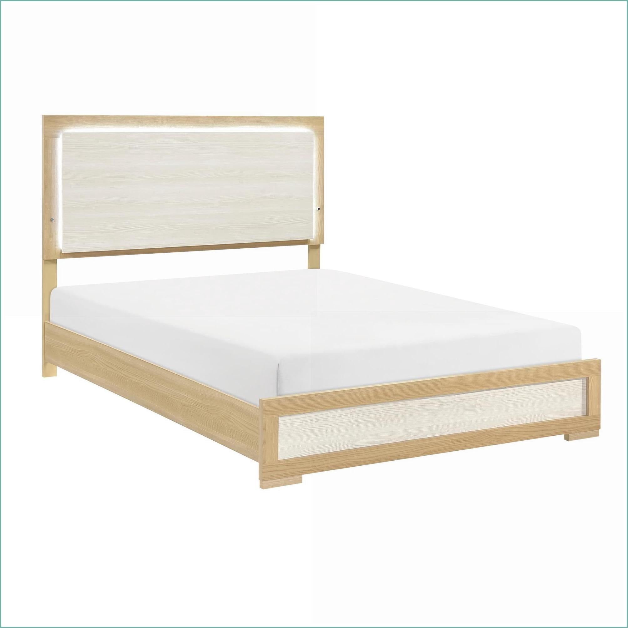 Full Size Wooden Bed Frame with LED Headboard - Natural & White Finish ...