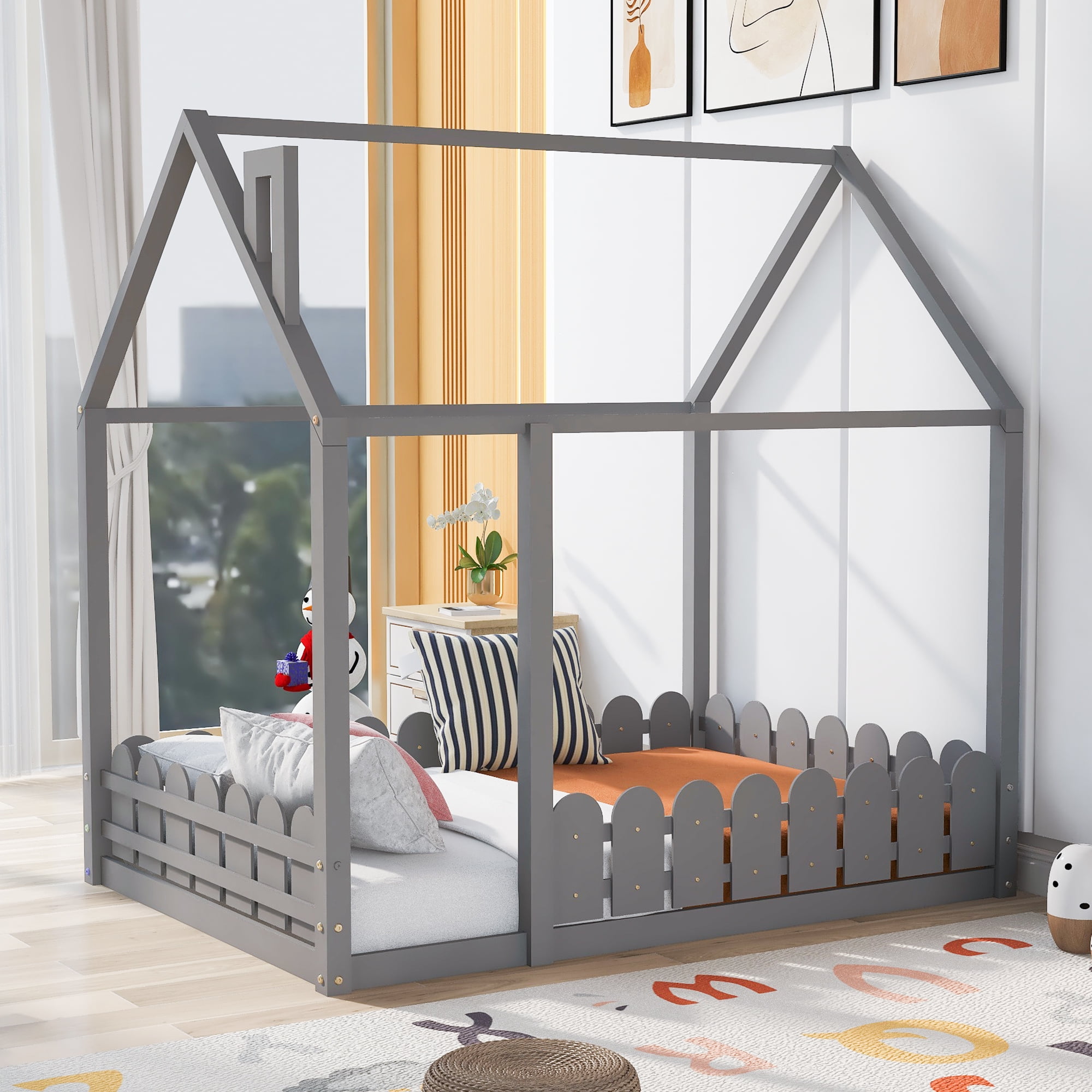 Full Size Wooden Bed House Frame with Fence for Kids, Teens, Boys ...
