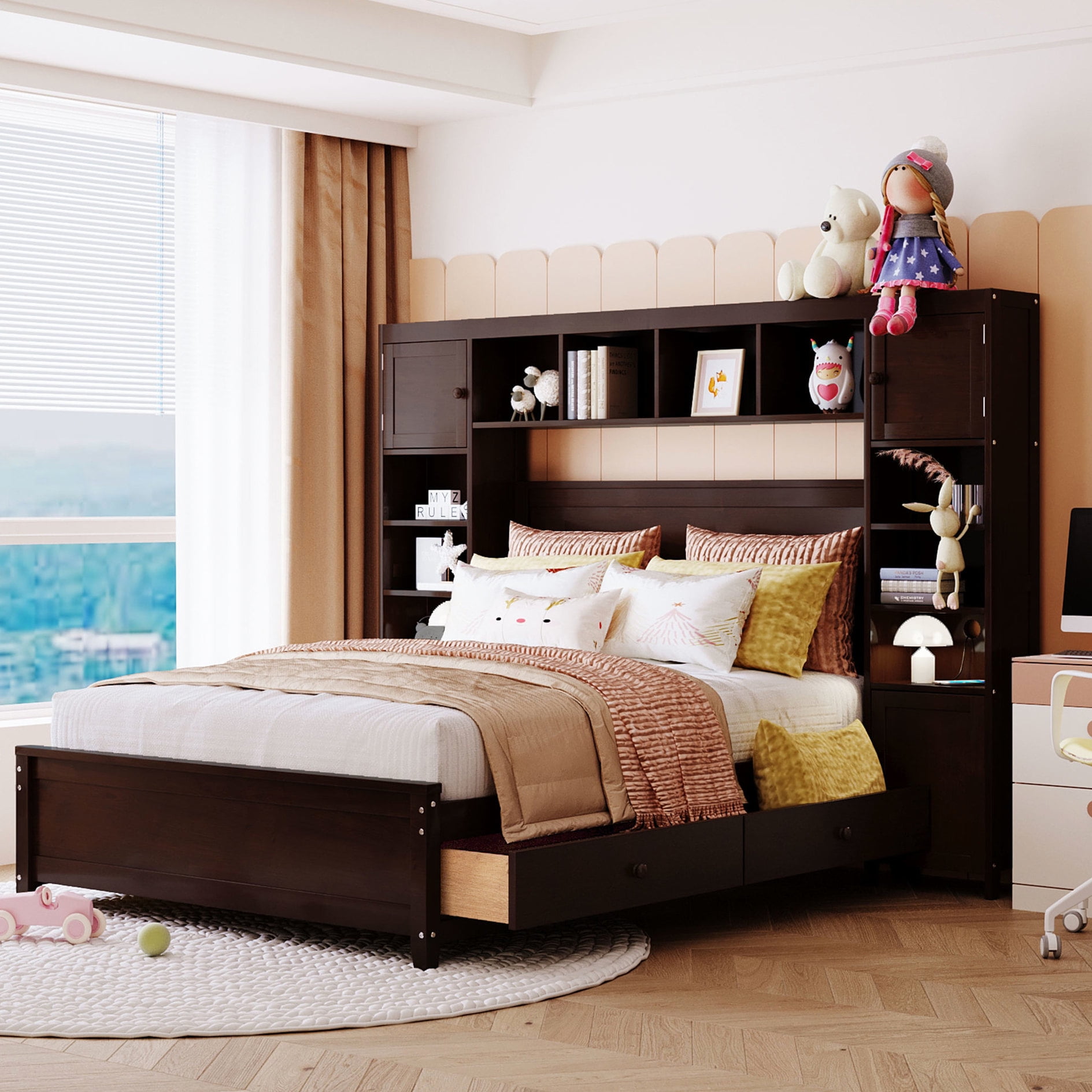 Full Size Wooden Bed with Integrated Cabinet and Shelf, Espresso Color ...
