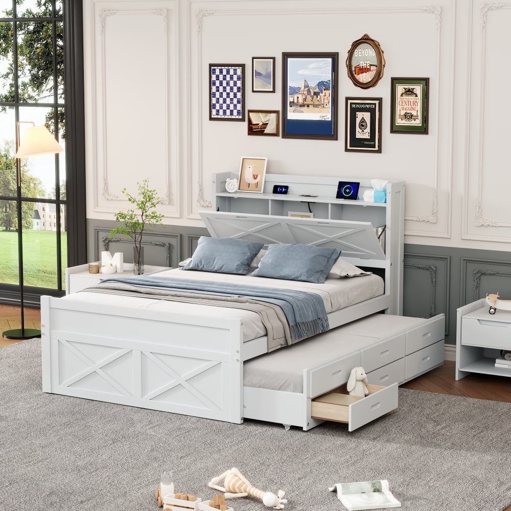Full Size Wooden Bed with Storage Headboard with Outlets, Extendable ...