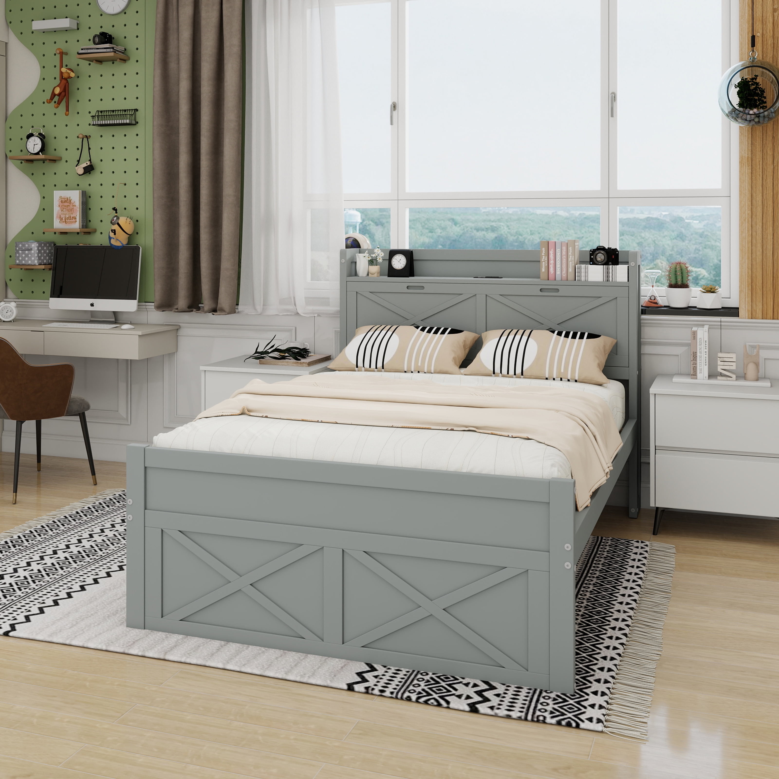 Full Size Wooden Bed with Storage Headboard with Outlets, Extendable ...