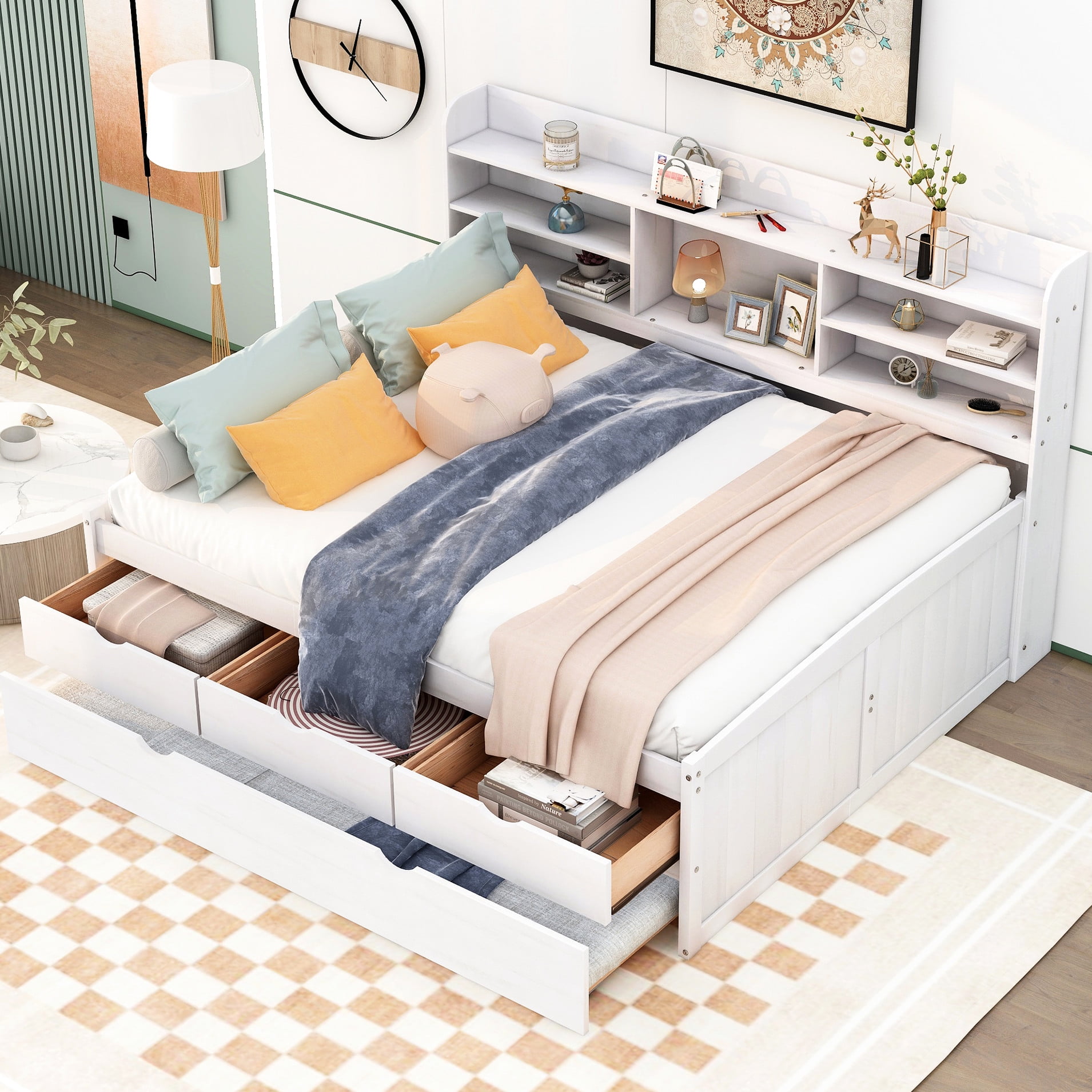 Full Size Wooden Captain Bed With Integrated Bookcase, Three Spacious ...