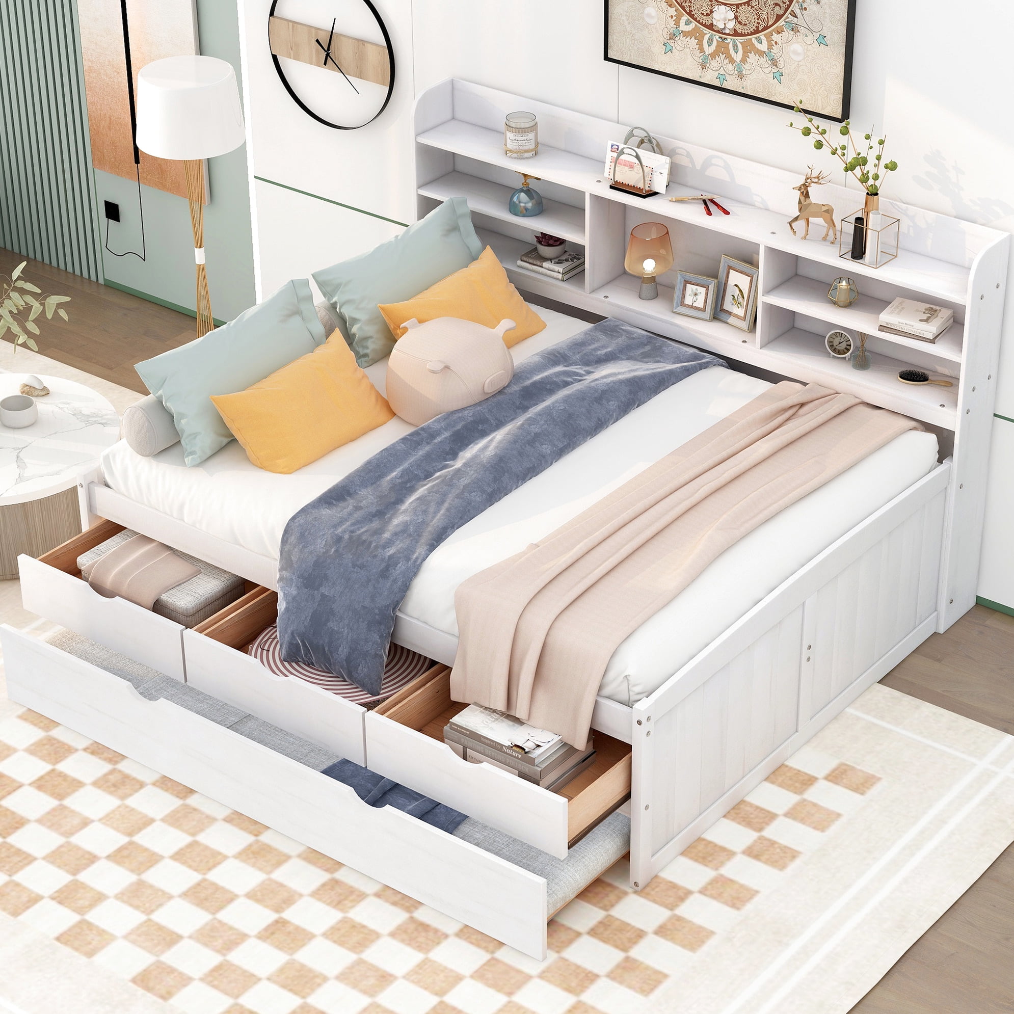 Full Size Wooden Captain Bed With Integrated Bookshelves, Three Ample ...