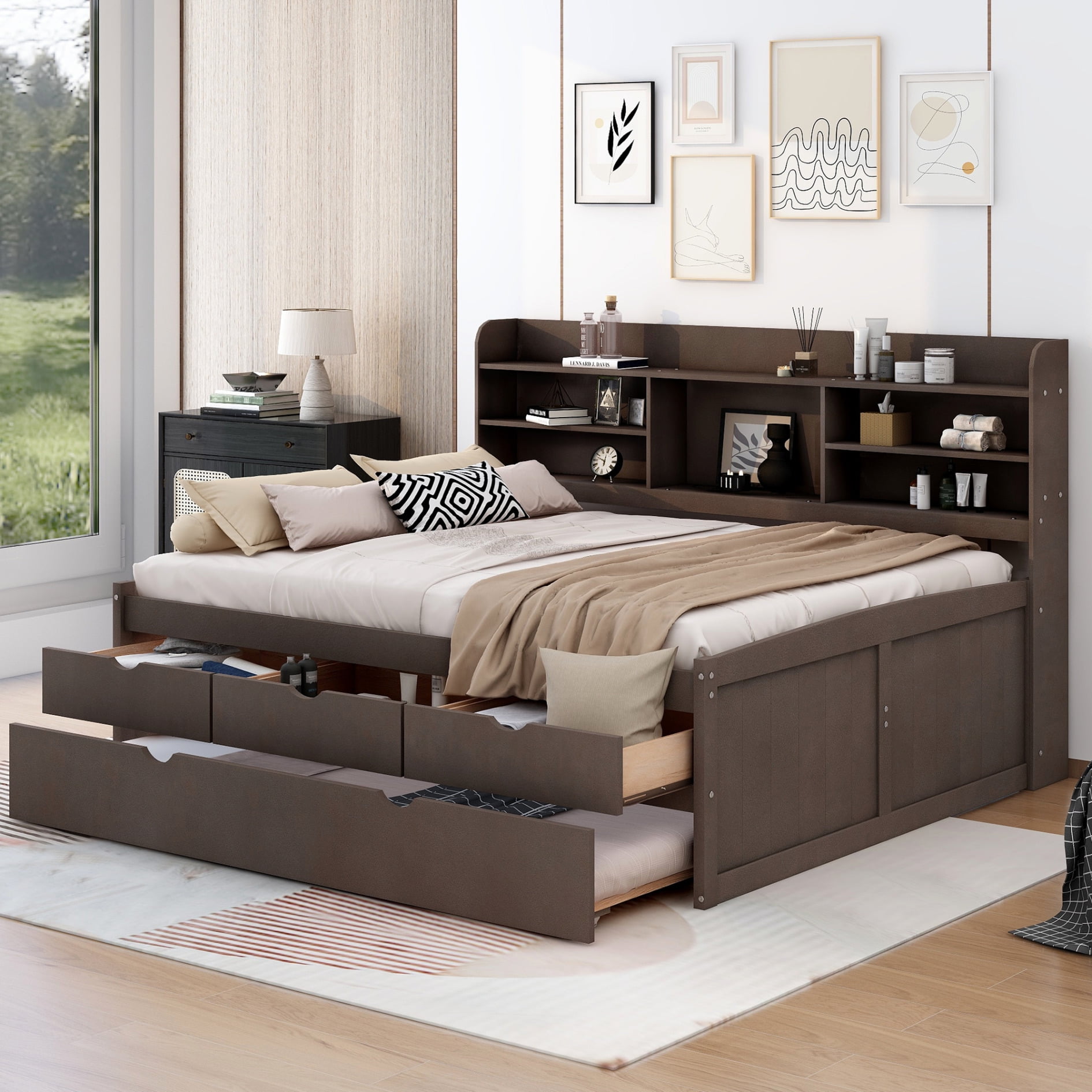 Full Size Wooden Captain Bed with Built-in Bookshelves,Wooden Daybed ...
