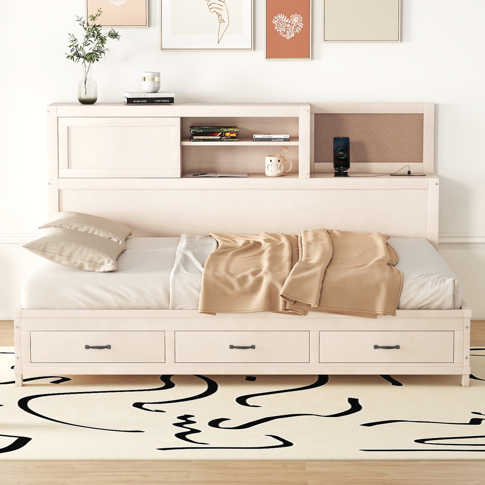 Full Size Wooden Daybed with 3 Storage Drawers, Smart Charging Station ...