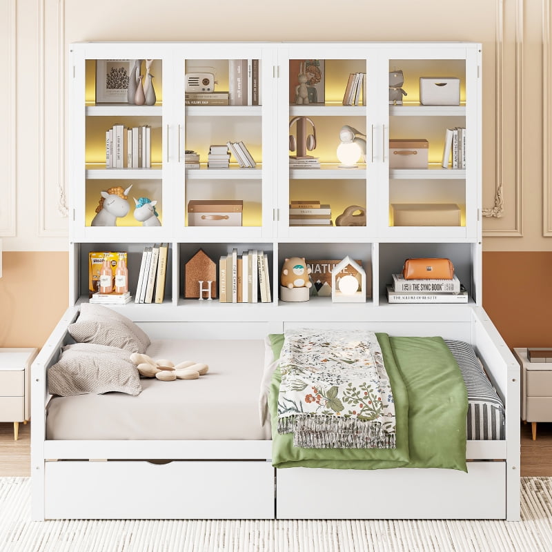 Full Size Wooden Daybed with Glass-Door Storage Cabinets, Built-in LED ...