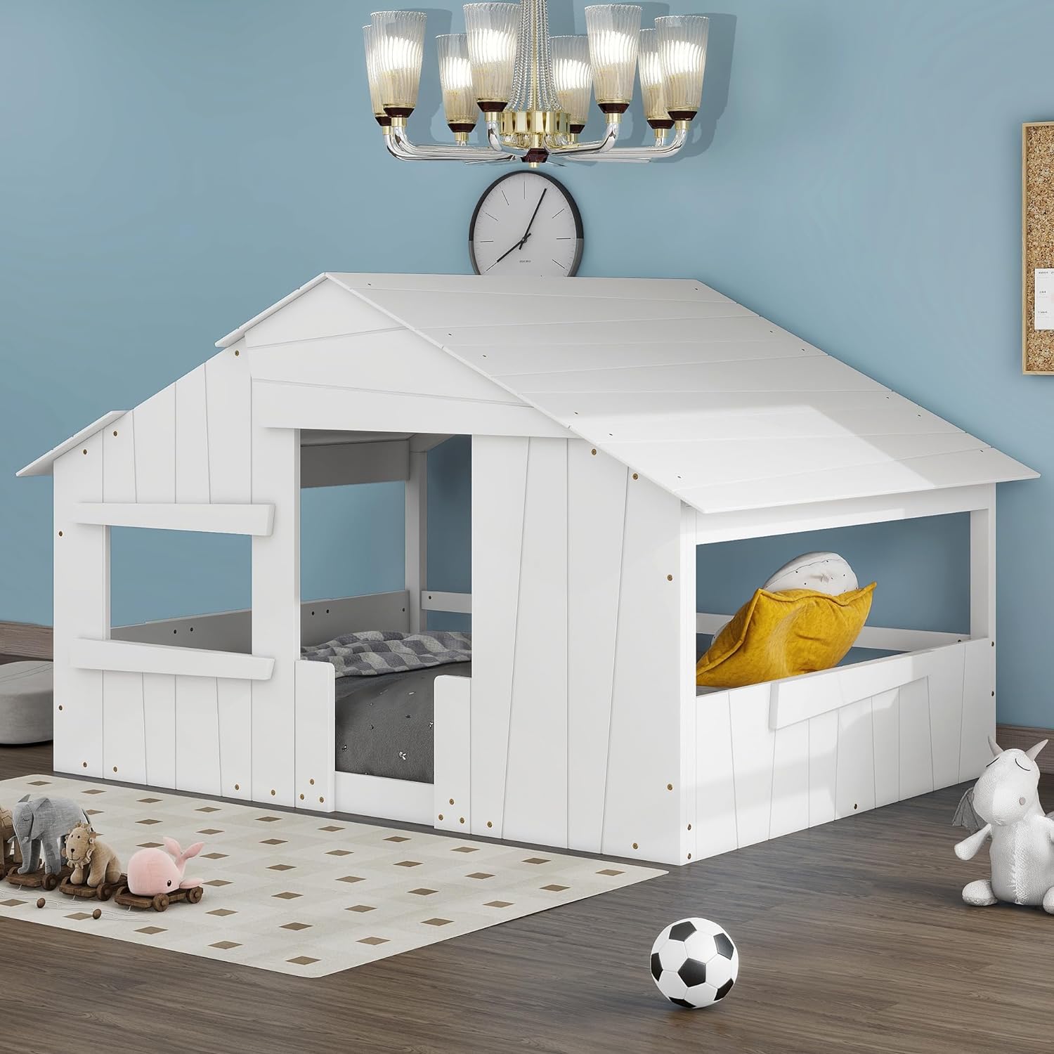 Full Size Wooden House Bed with Roof, Window and Guardrail,Full House ...