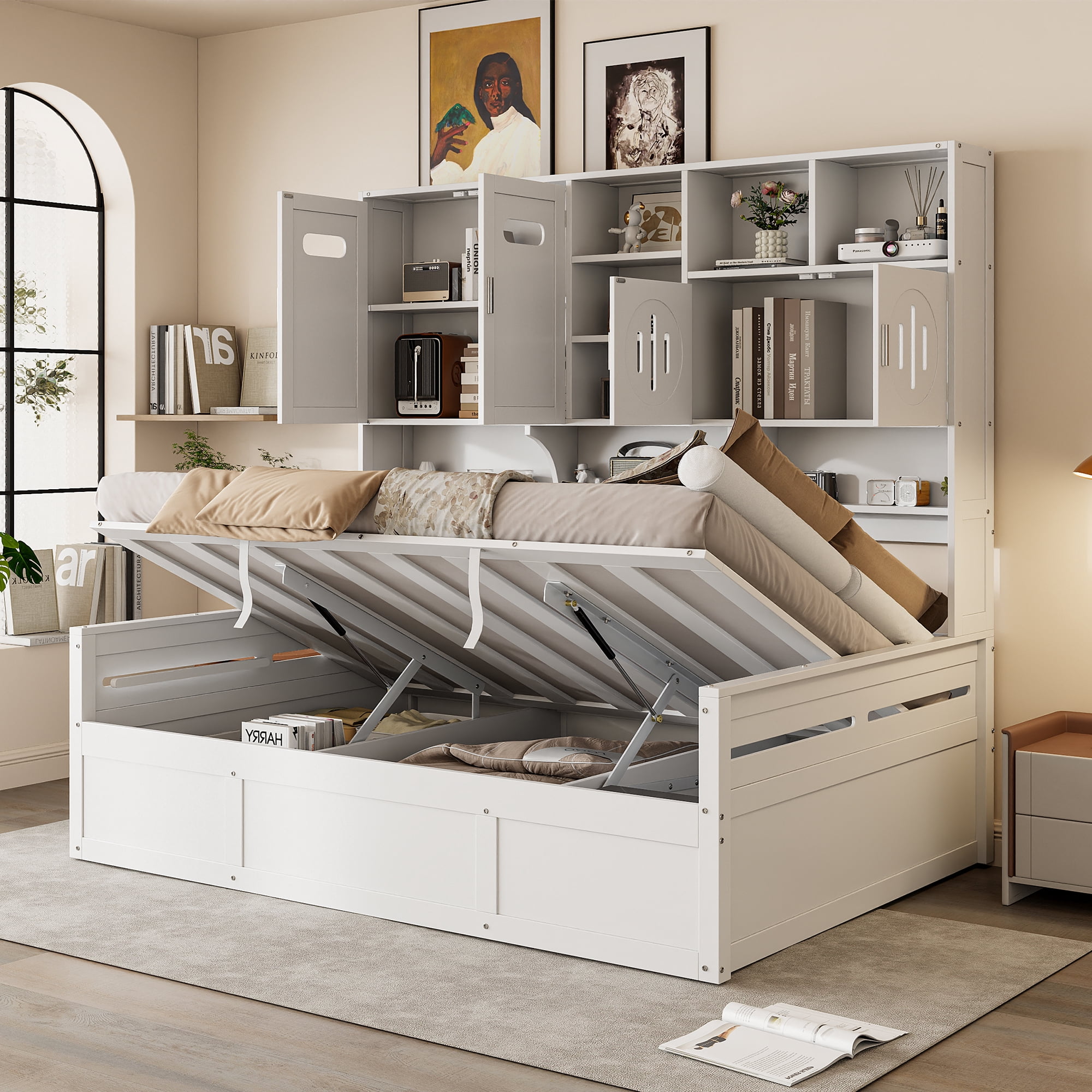 Full Size Wooden Hydraulic Daybed with All-in-One Cabinet & Shelves - 3 ...