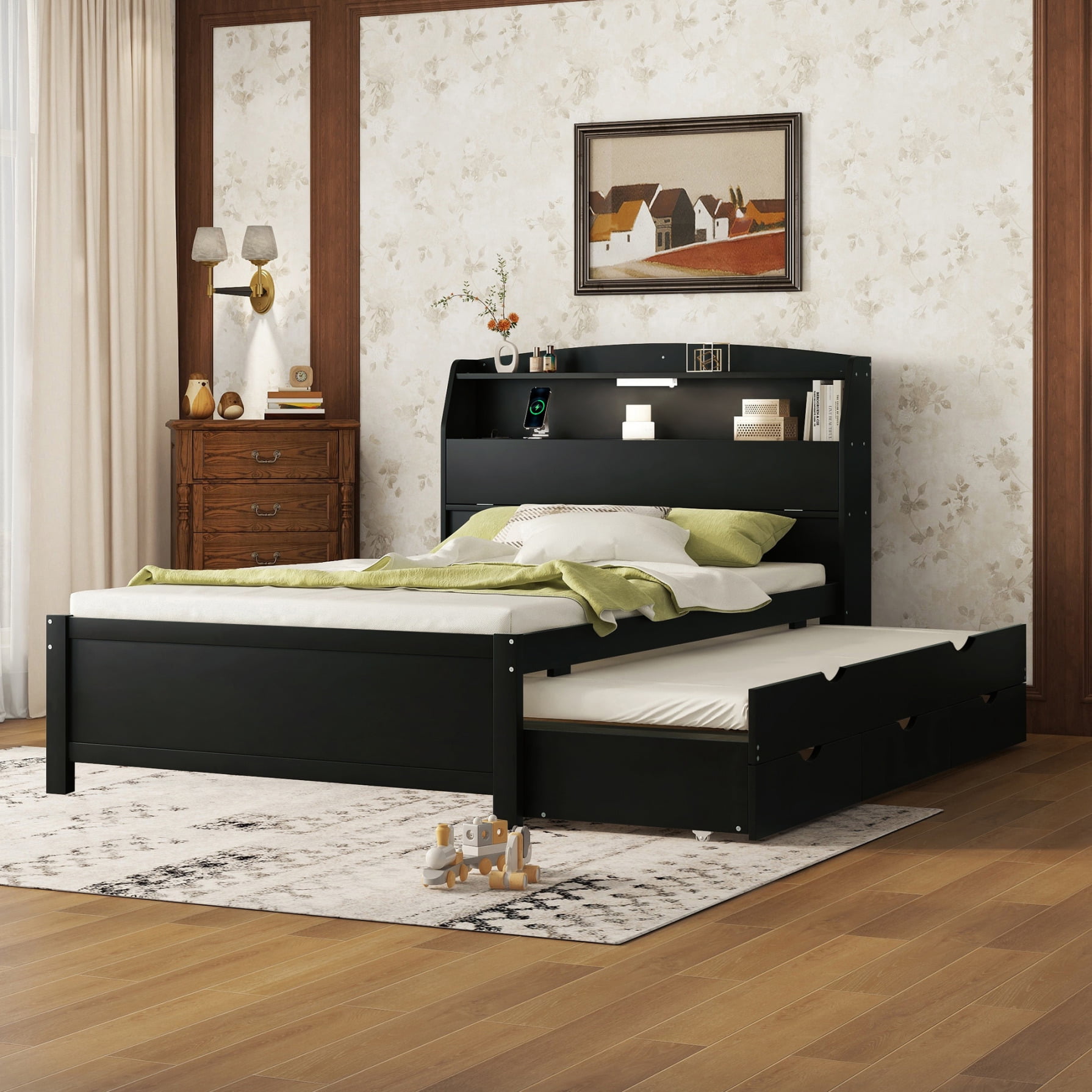 Full Size Wooden Platform Bed with Storage Headboard, Pull-Out Trundle ...