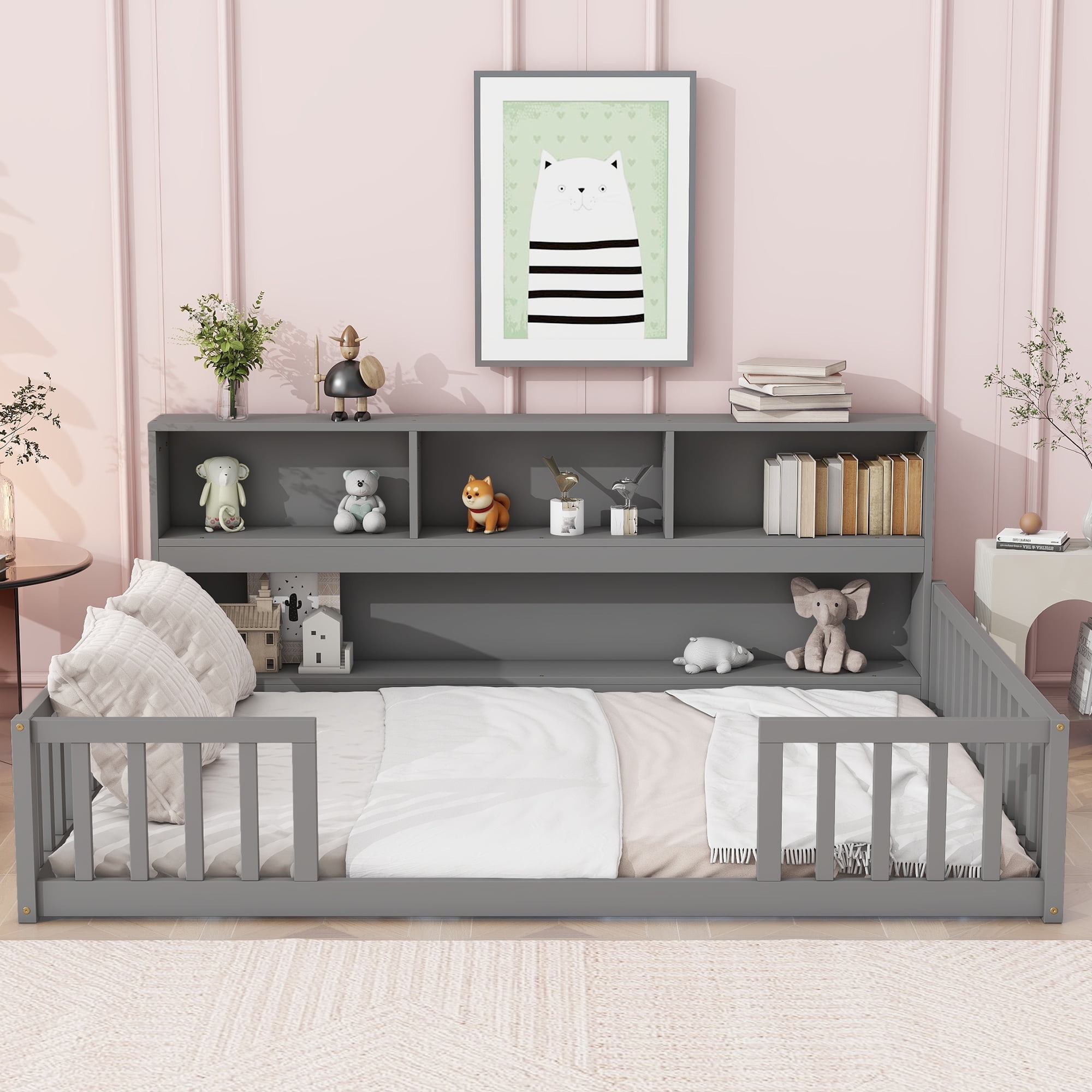 Full Solid and Stable Floor Bed with Side Bookcase,Shelves, Guardrails ...