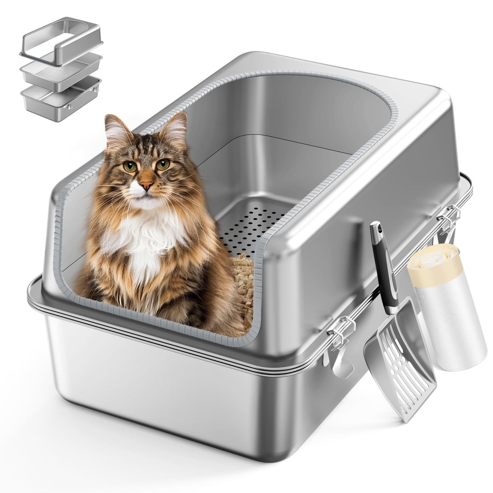 Full Stainless Steel Sifting Litter Box FST1 with Lid,XL Sifting Cat ...