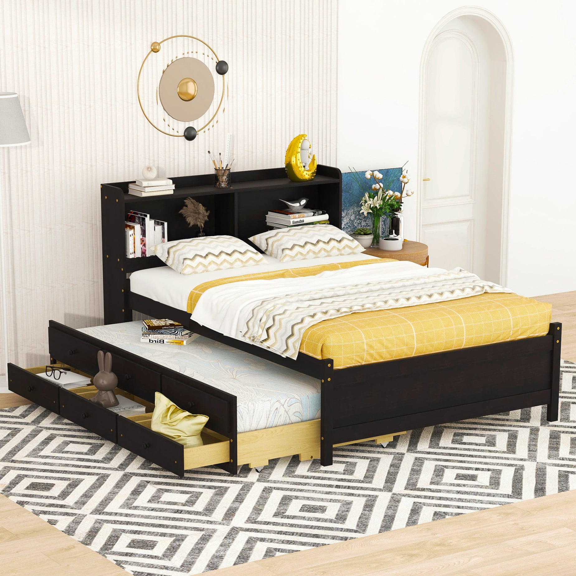 Full Storage Bed Frame with Trundle, 3 Drawers & Bookcase Headboard ...