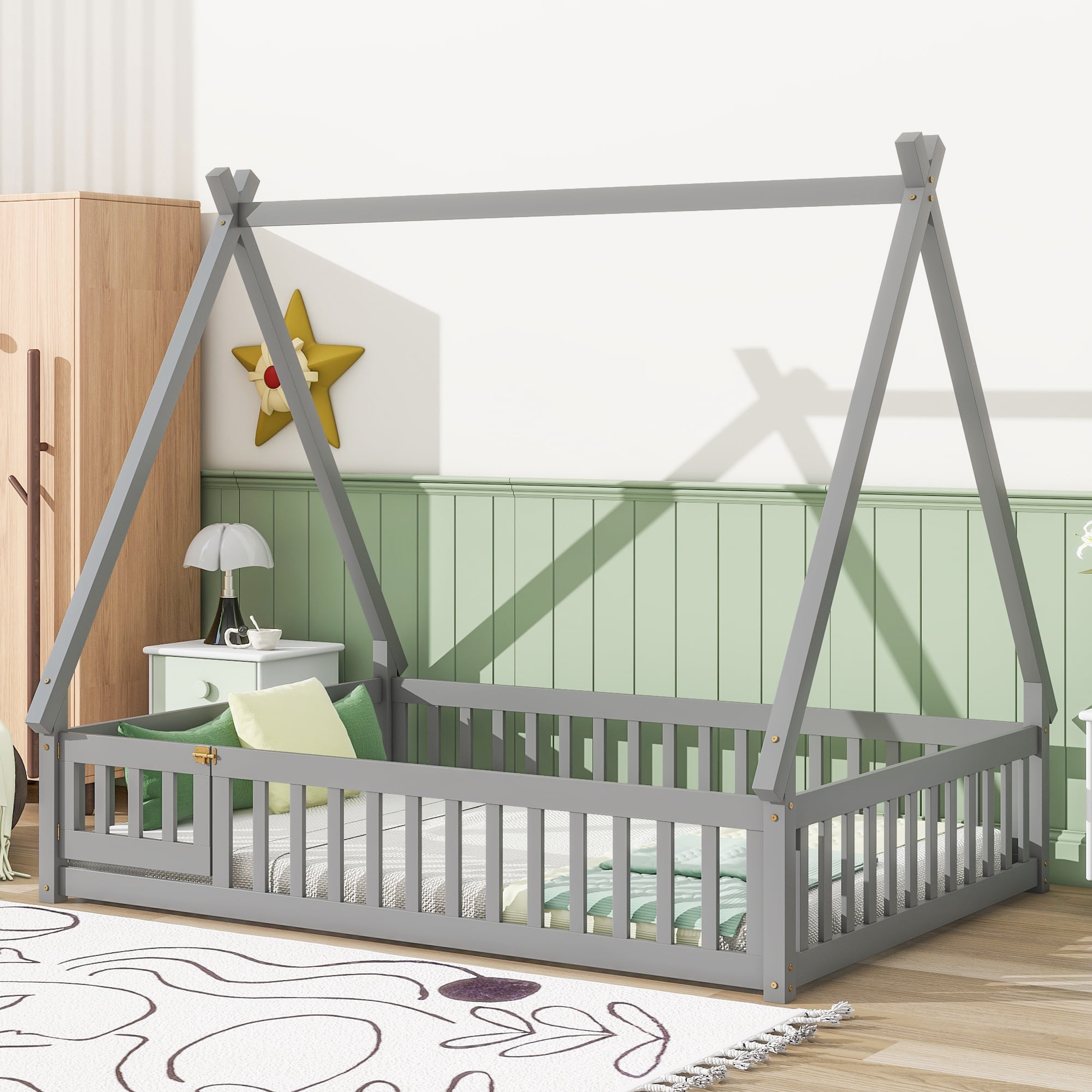 Full Tent-shaped Floor Bed, with Guardrails, Slats, Door ,Grey ...