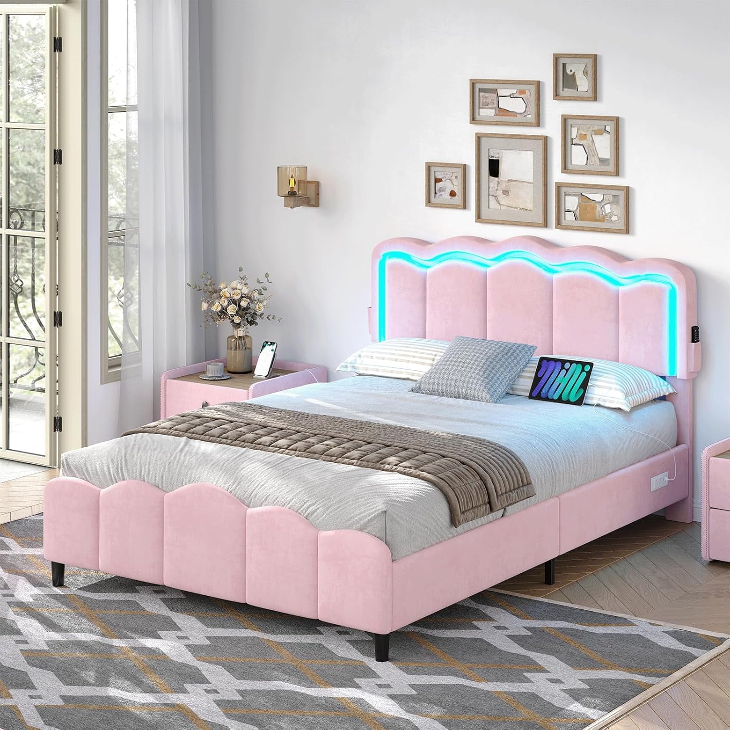 Full Upholstered Bed Frame with Adjustable Chic Double Wavy Headboard ...