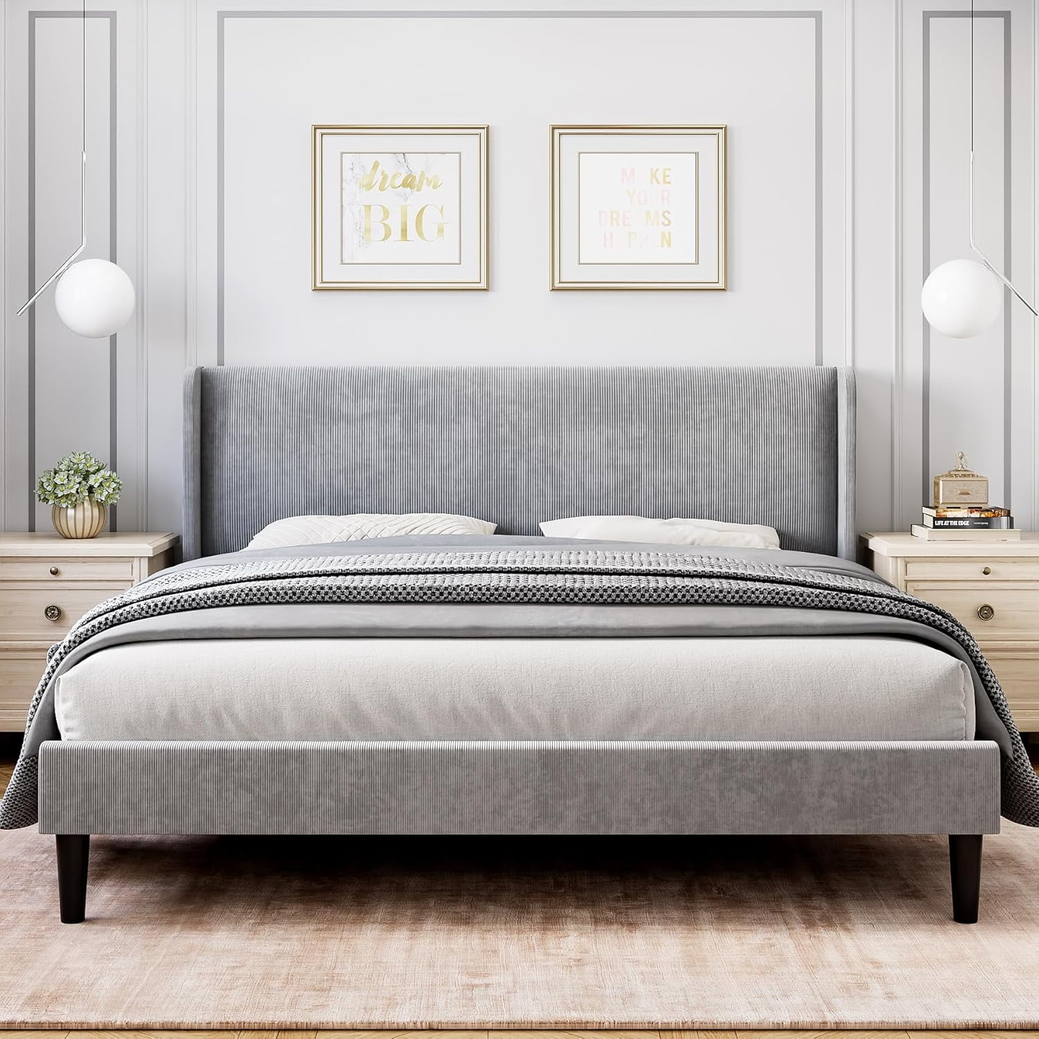 Full Upholstered Bed Frame with Wingback Headboard, Luxurious Velvet ...