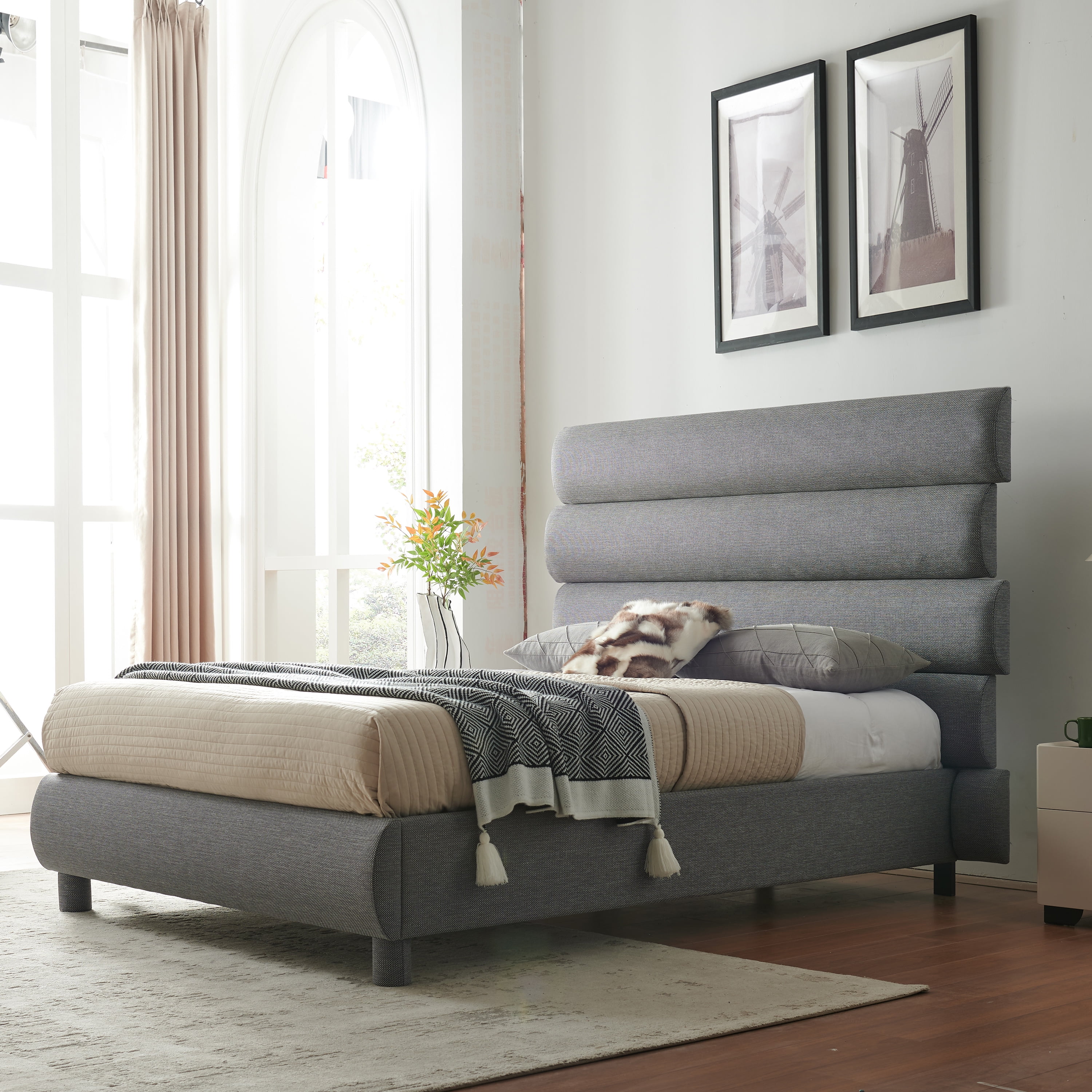 Full Upholstered Bed Frame with Tall 4 Headboards Wingback Platform Bed ...