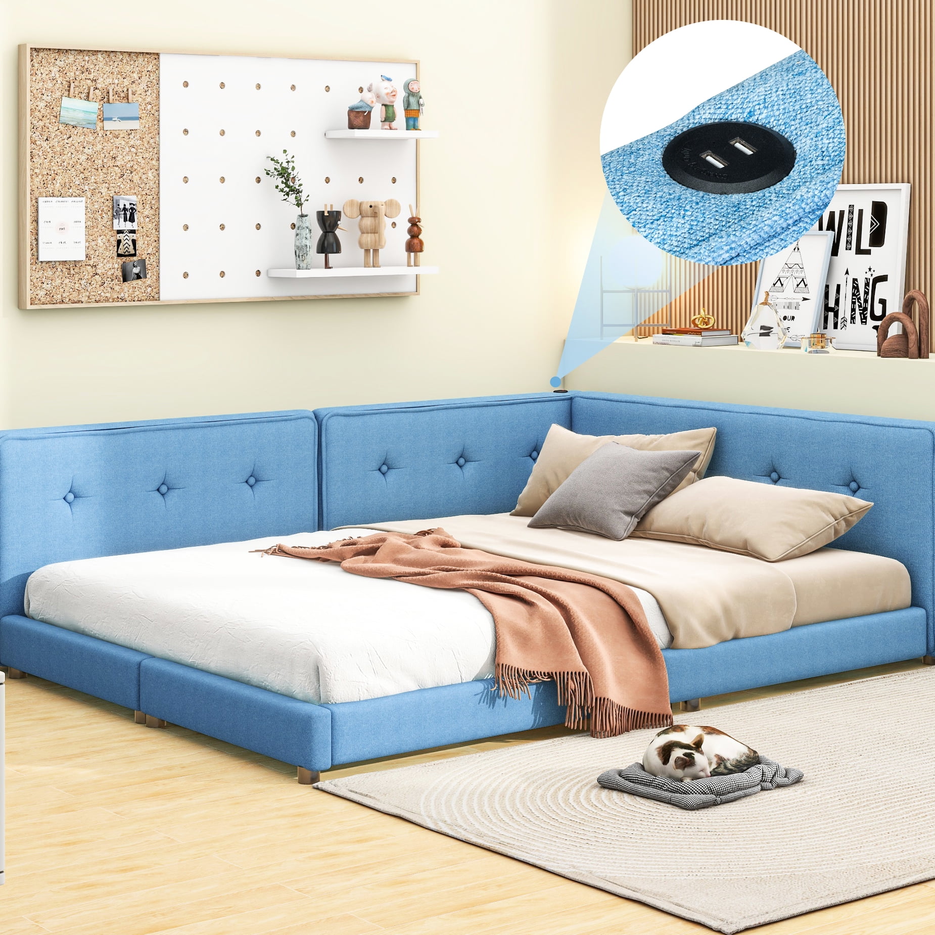 Full Upholstered Bed With Ports And Blue Linen Fabric Cover Platform ...