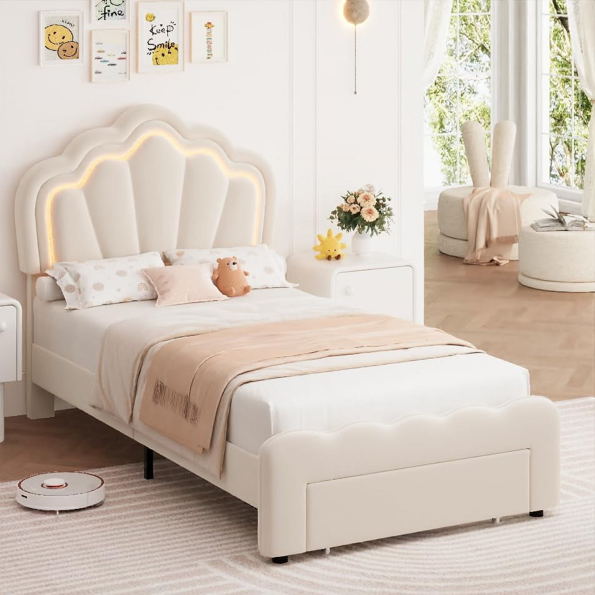 Full Upholstered LED Bed Frame with Storage Drawers Cute Girls Bed with ...