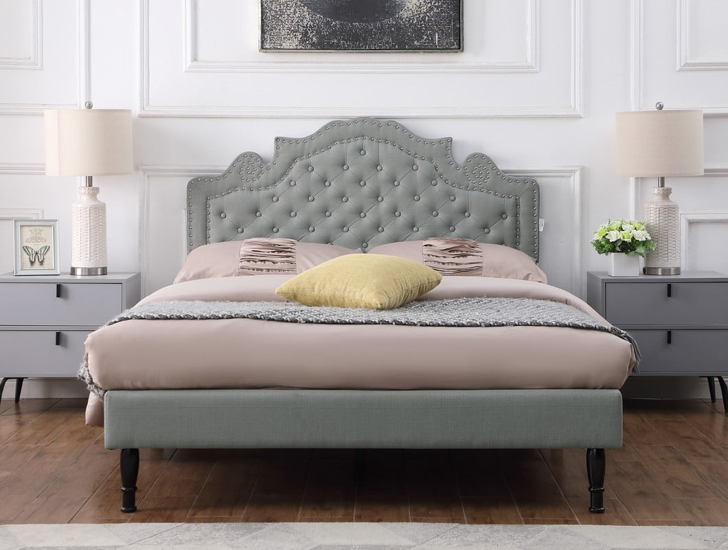 Full Upholstered Platform Bed Frame with 47" Tall Adjustable Headboard ...