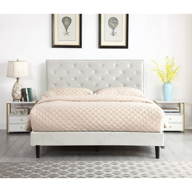 Full Upholstered Platform Bed Frame with 48" Tall Adjustable Headboard ...