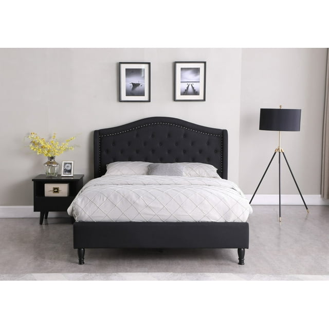 Full Upholstered Platform Bed Frame with 51" Tall Headboard - Button ...
