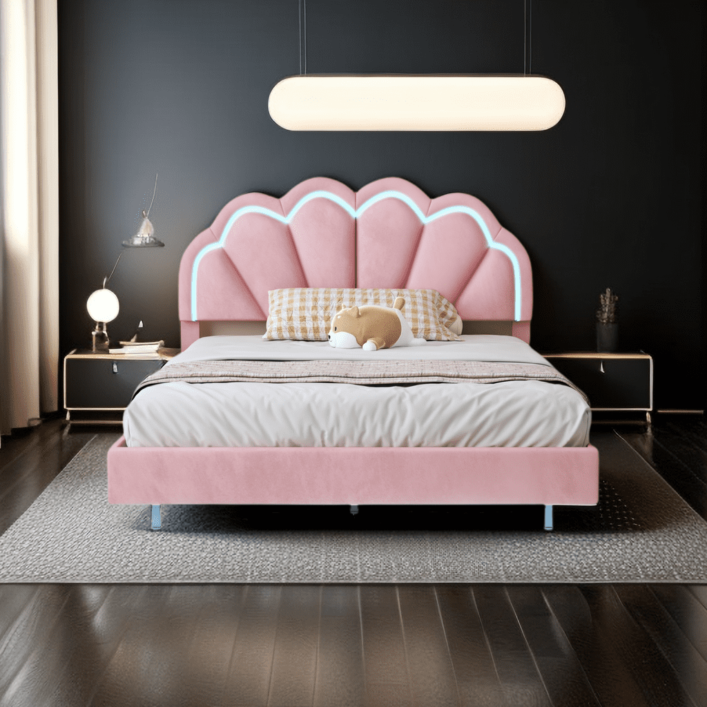 Full Upholstered Smart LED Frame with Elegant Flowers Headboard ...