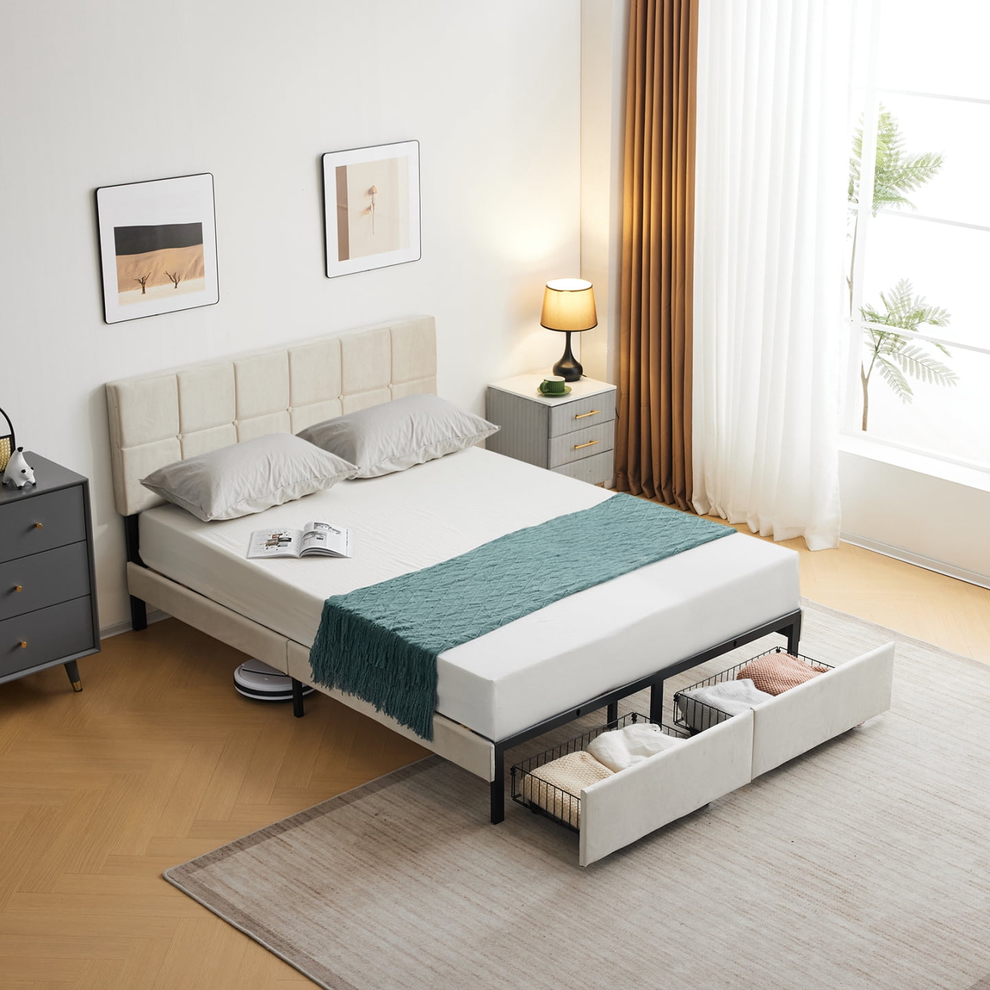 Full Velvet Upholstered Platform Bed with Storage Drawers, Platform Bed ...